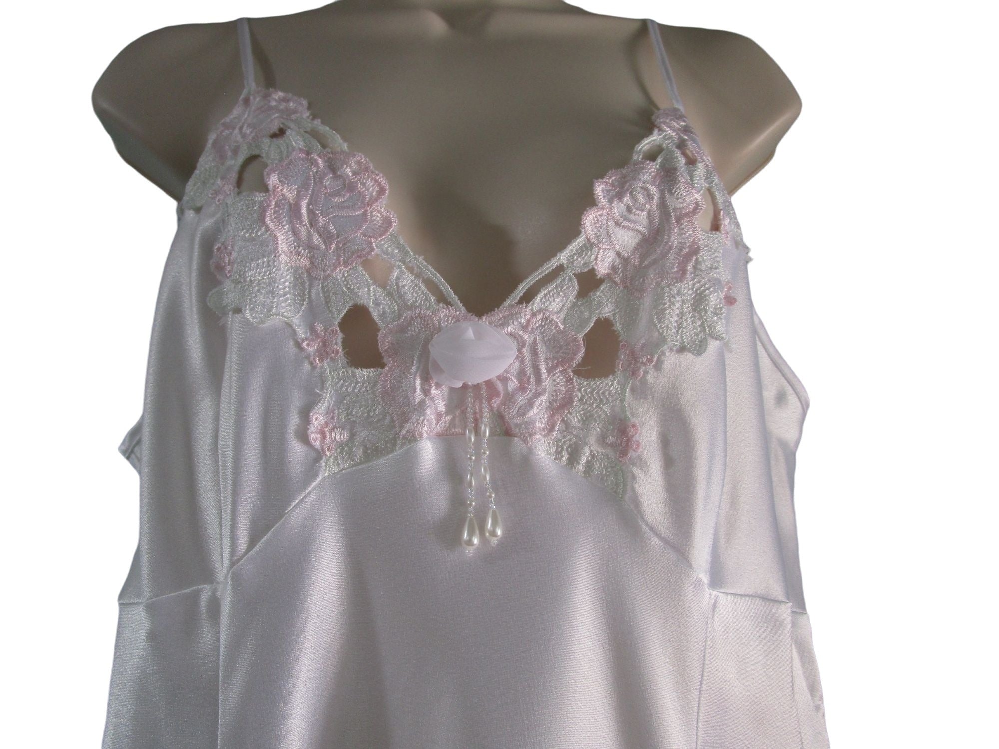 Intimo Amore Vintage White Satin Negligee Pink Floral Pearl Accent Lad | Shop THRILLING