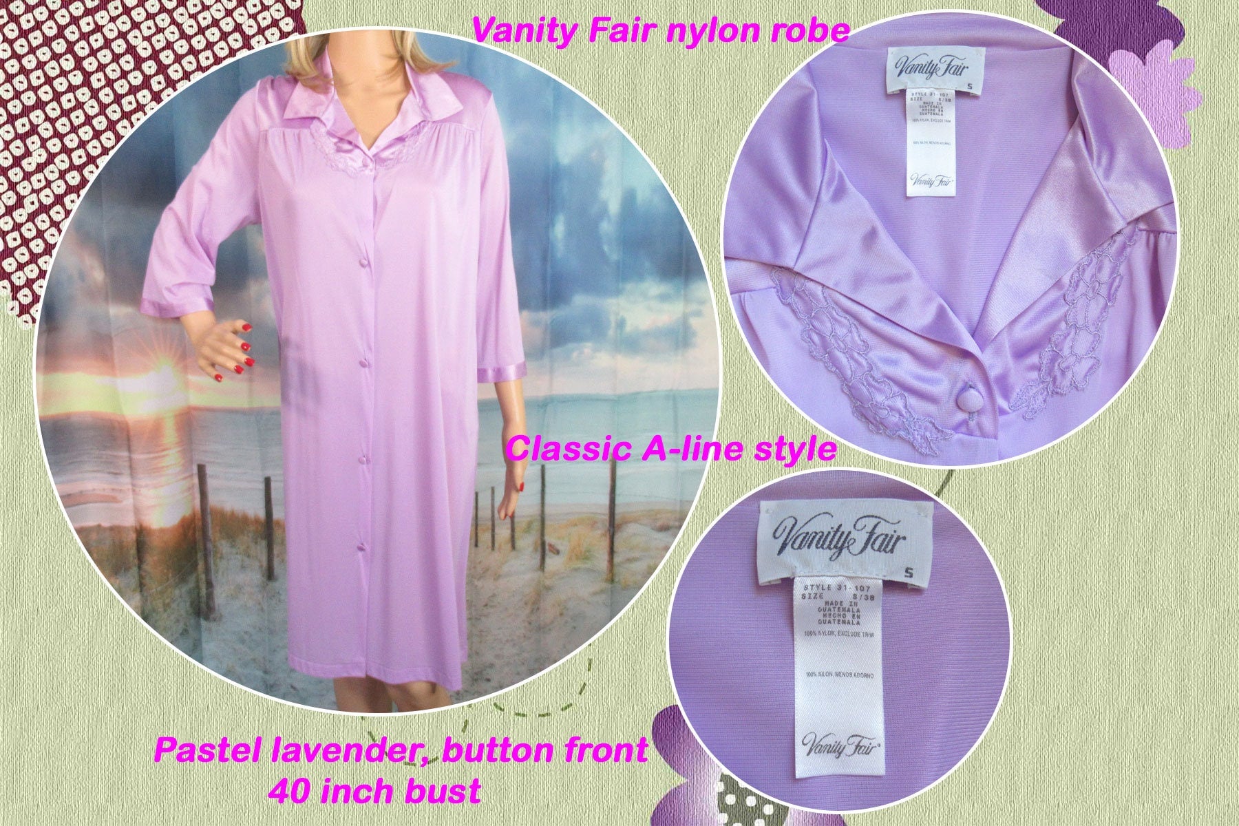 Vintage Vanity Fair Robe Pastel Lavender Nylon Button Front Applique Trim and | Shop THRILLING