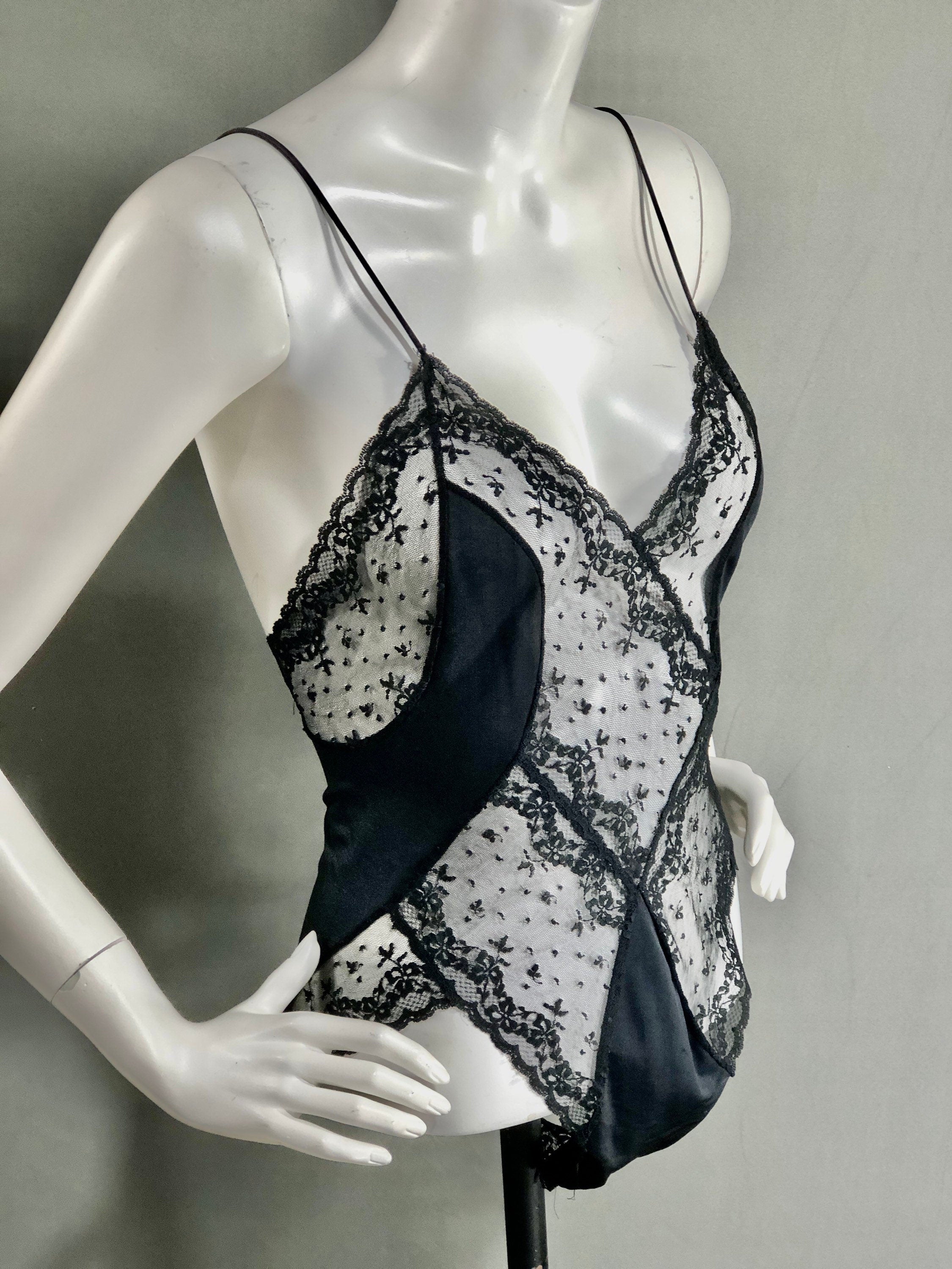 Vintage Teddy 70s Black Sheer Lace Teddy Bodysuit Stretchy Medium 36 B