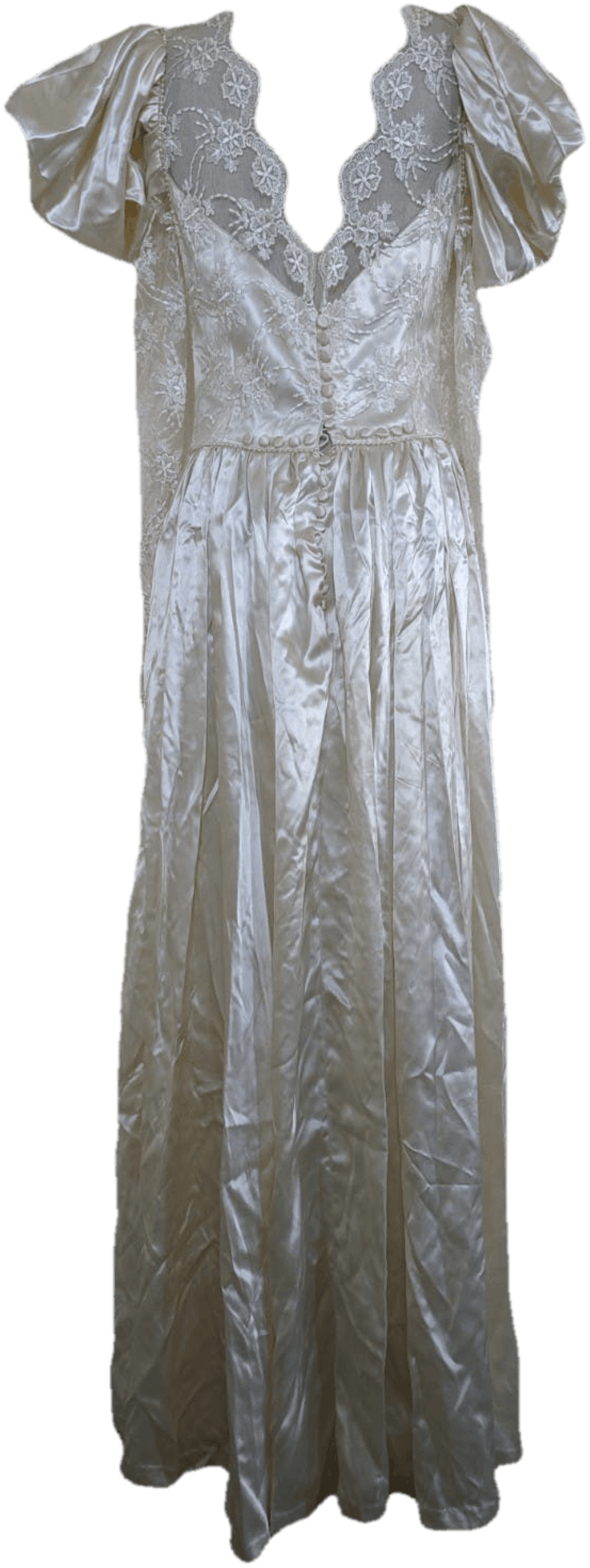 Vintage Ivory Satin Wedding Gown Puff Sleeves Sheer Lace | Shop THRILLING