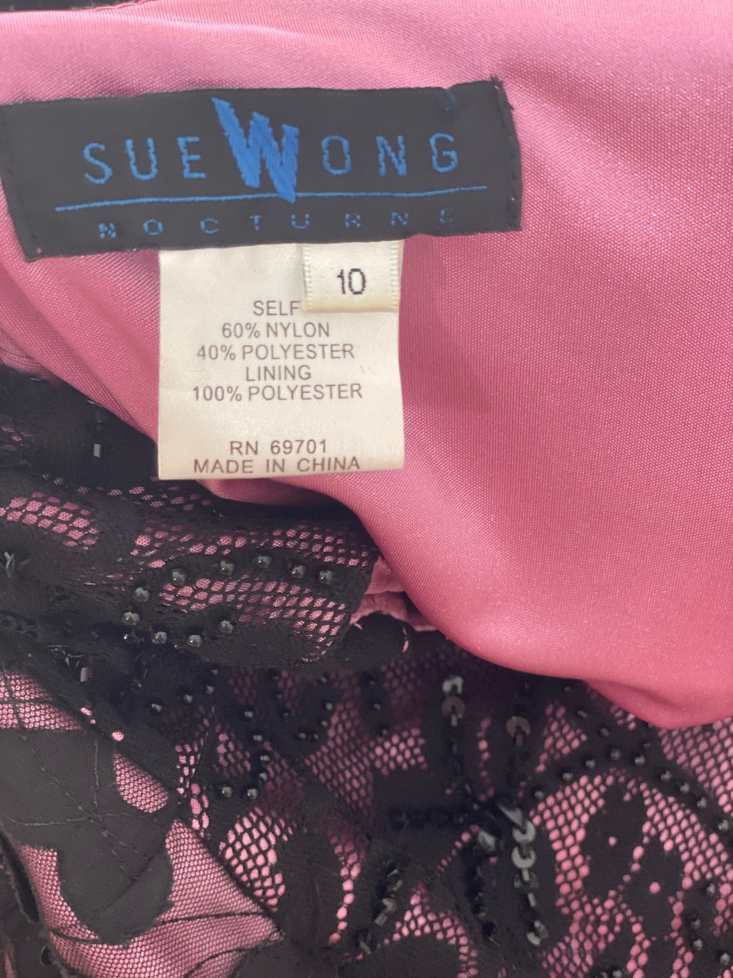 Vintage Pink Satin Slip Black Cotton Applique On Net Dress By Sue Wong ...