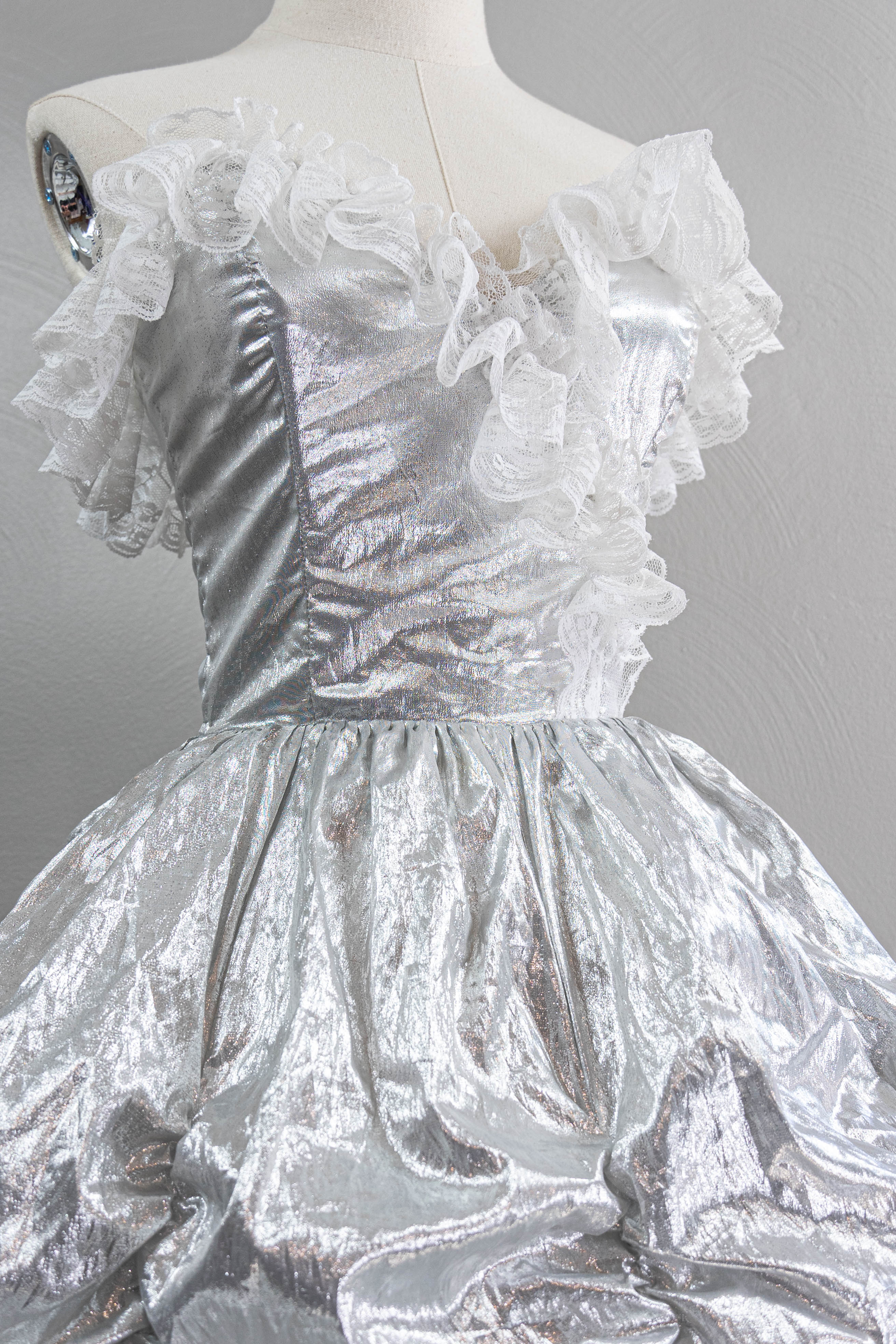 Vintage 70s/80s Sparkling Silver Lame And White Lace Ball Gown By Loralie | Shop THRILLING