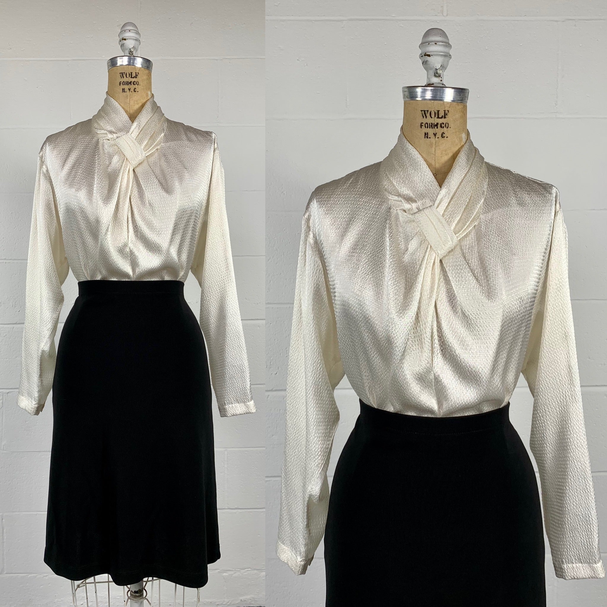 Vintage 80s Ivory Jacquard Satin Back Button Blouse Ascot Neck | Shop THRILLING