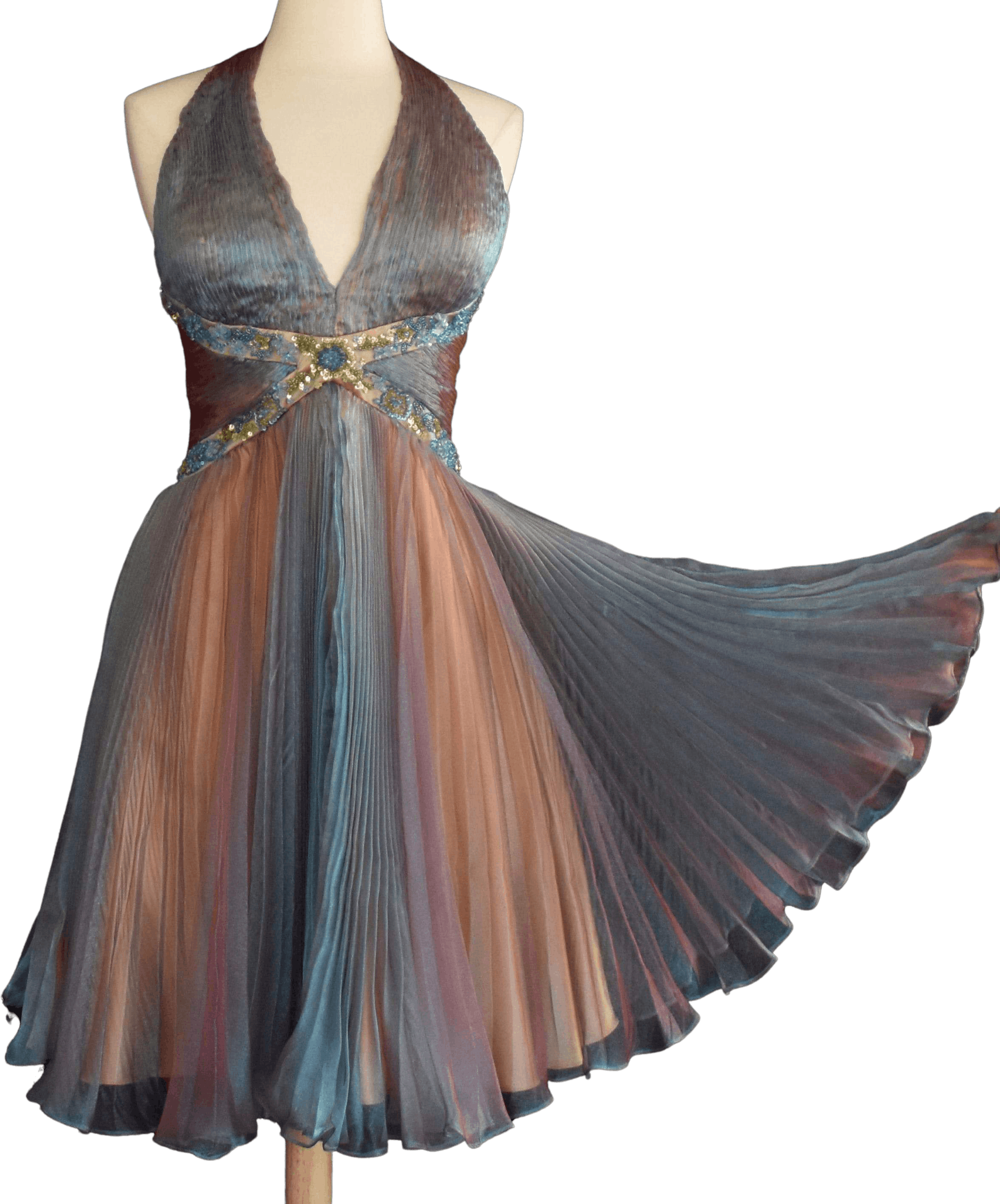 Vintage 00's Blue Iridescent Crystal Pleated Halter Cocktail Dress ...