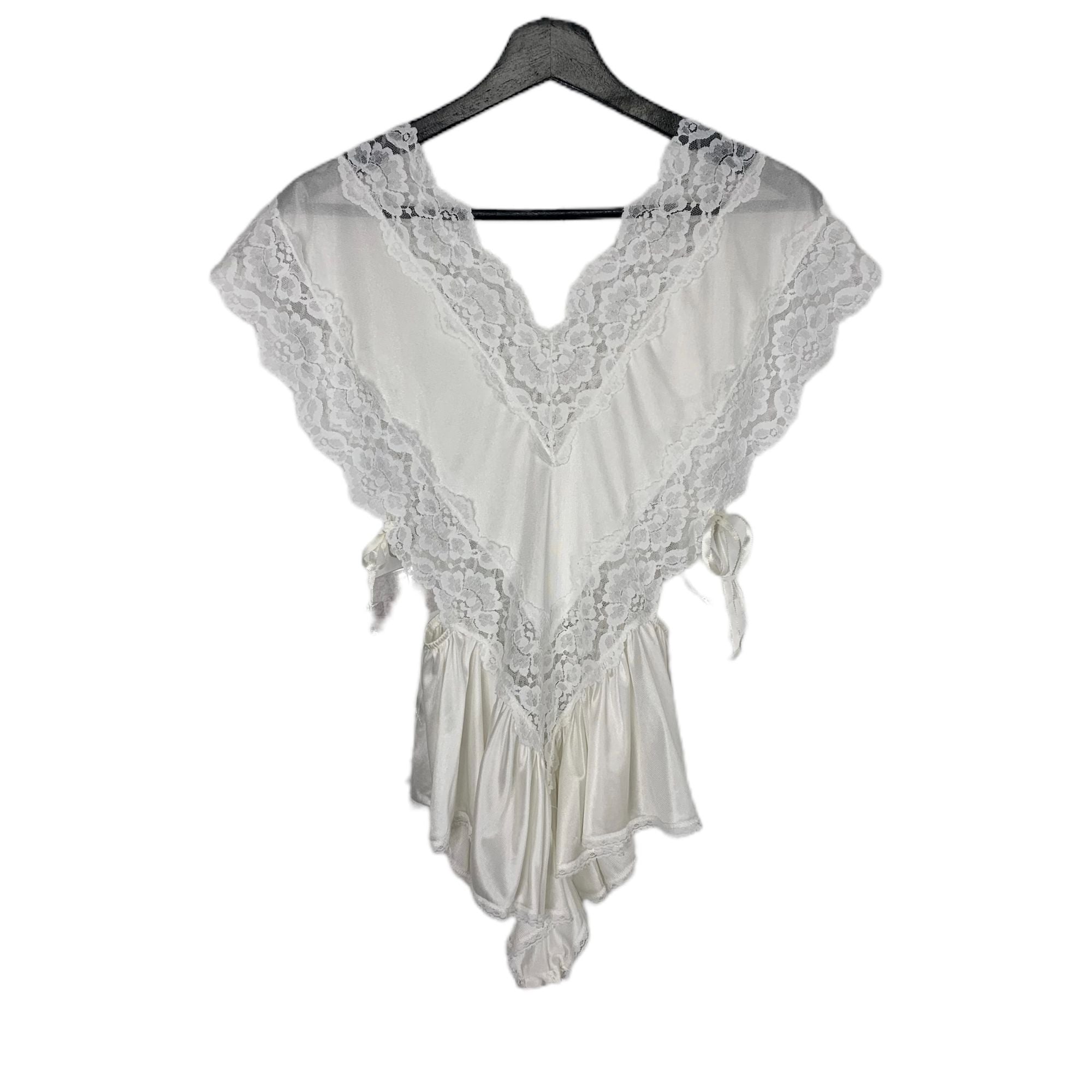 Vintage 90s White Satin Lace Open Side Nylon Negligee Romper by Sabrin ...