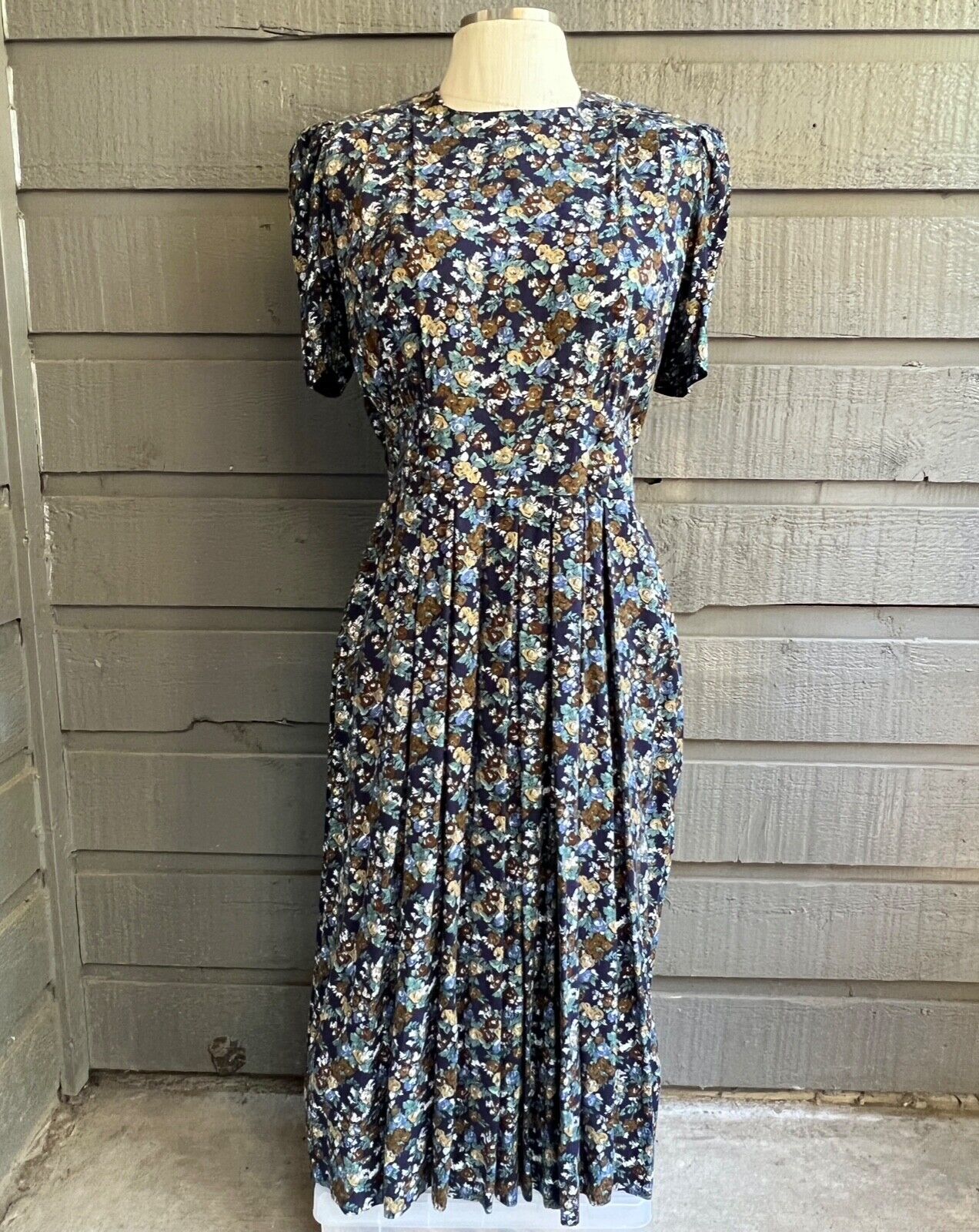 Vintage 80s Blue Green Floral Secretary Geek Pleated Dress 14 By Karen ...