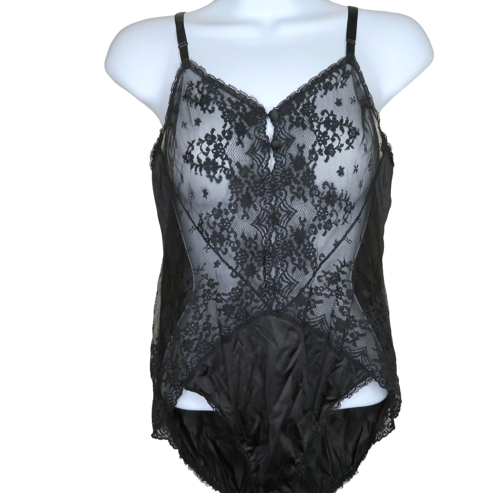 Vintage 70s Nylon Teddy Teddie Bodysuit S Black Sheer Floral Lace Ling ...