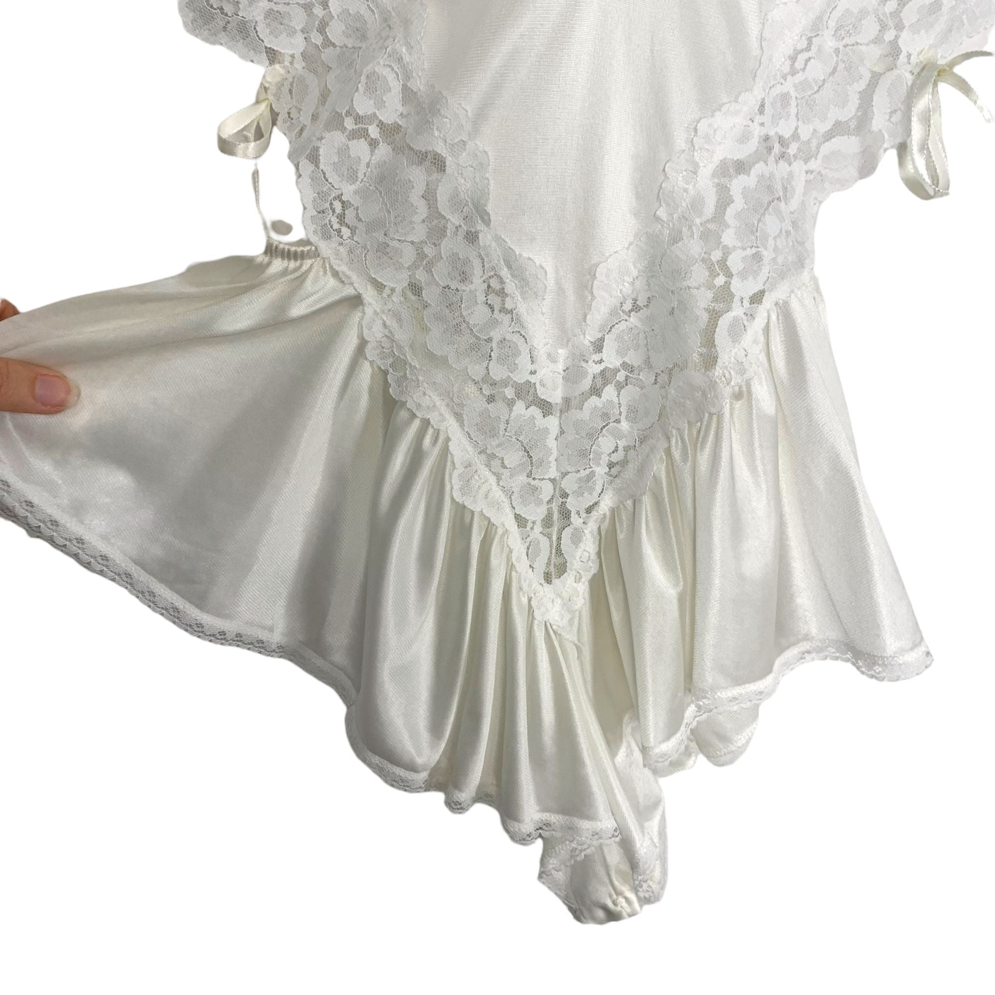 Vintage 90s White Satin Lace Open Side Nylon Negligee Romper by Sabrin ...