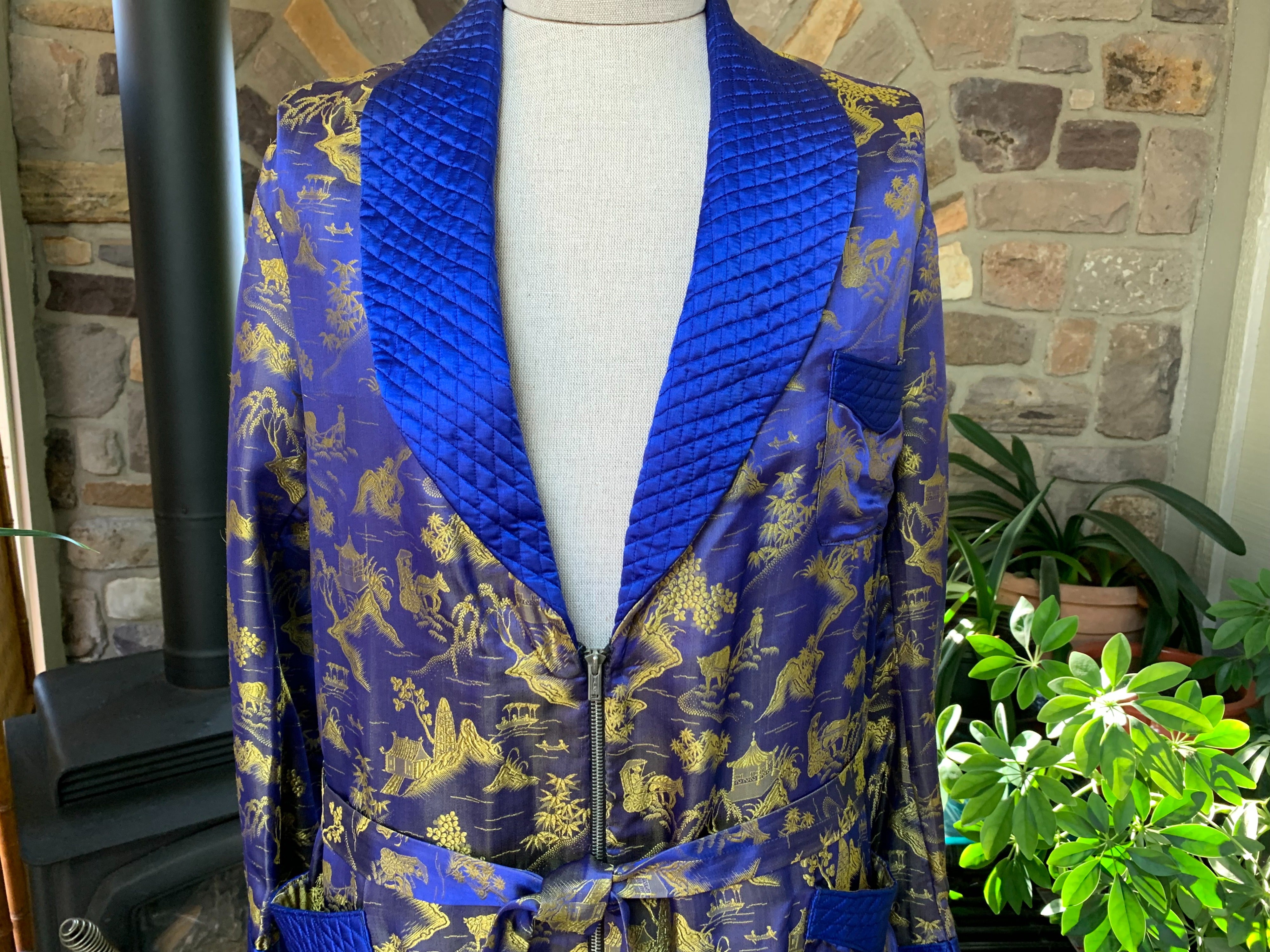 Vintage 50’s Men's Blue and Gold Silk Asian Smoking Robe | Shop THRILLING