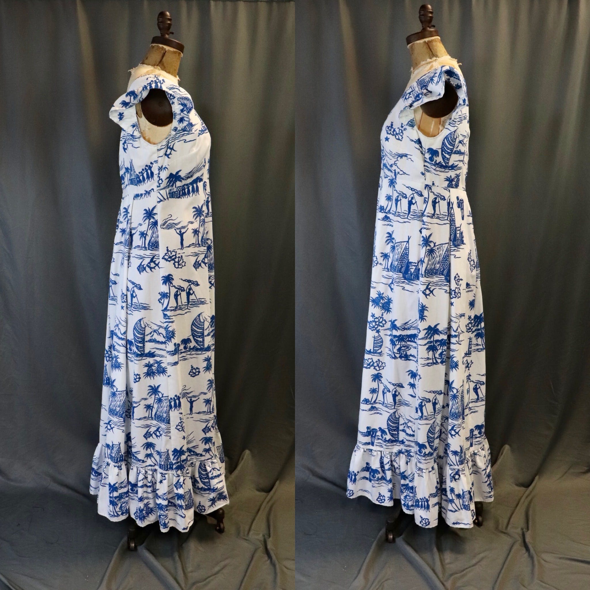 Vintage 50’s White and Blue Hawaiian Ruffled Dress with Island and Fish ...