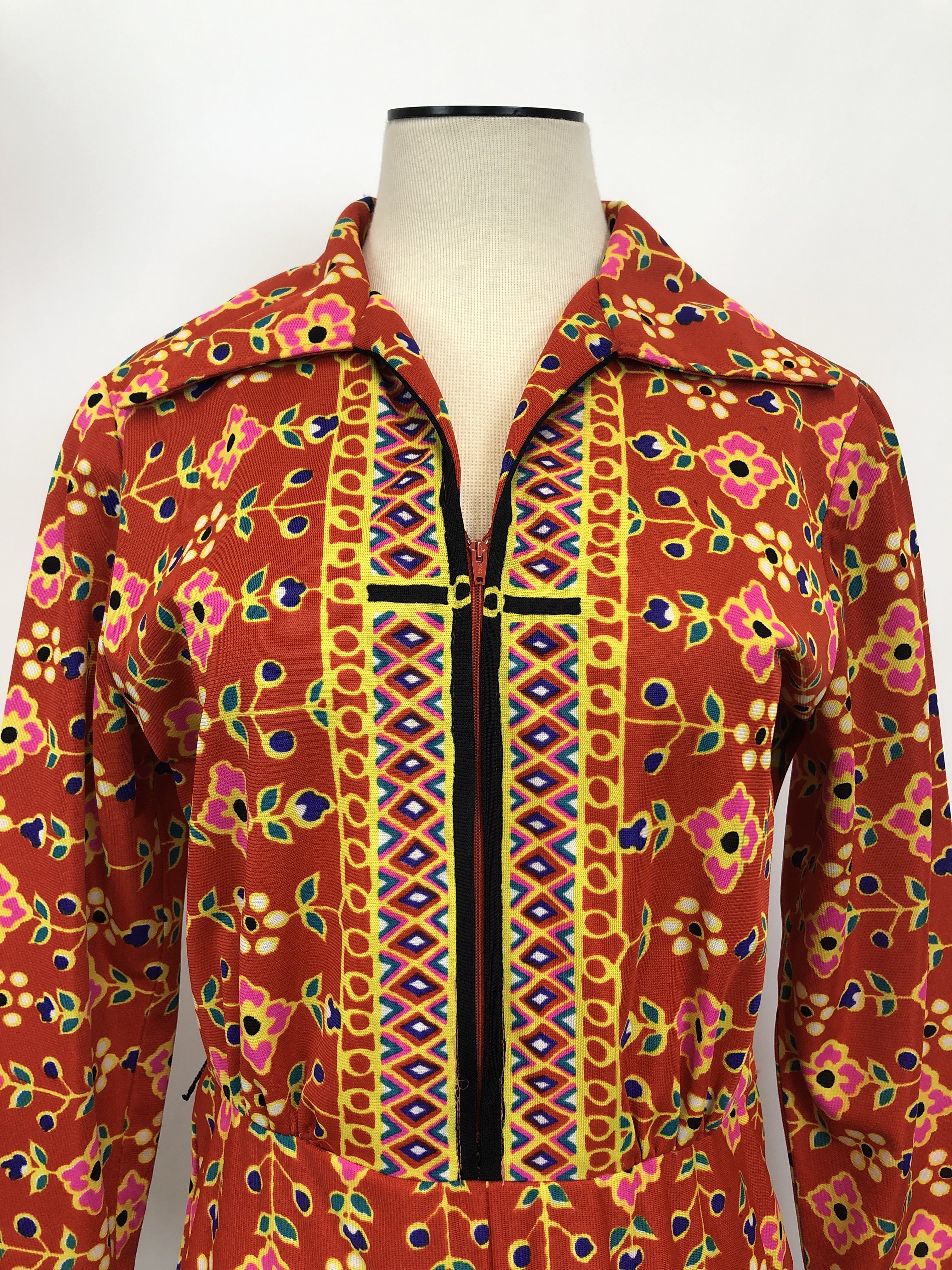 Vintage 70's Floral Striped Zip Collared Dress | Shop THRILLING