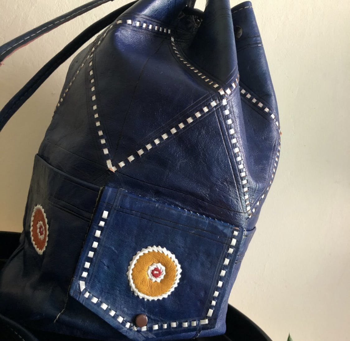 Vintage 70's Indigo African Leather Drawstring Bucket Bag | Shop THRILLING