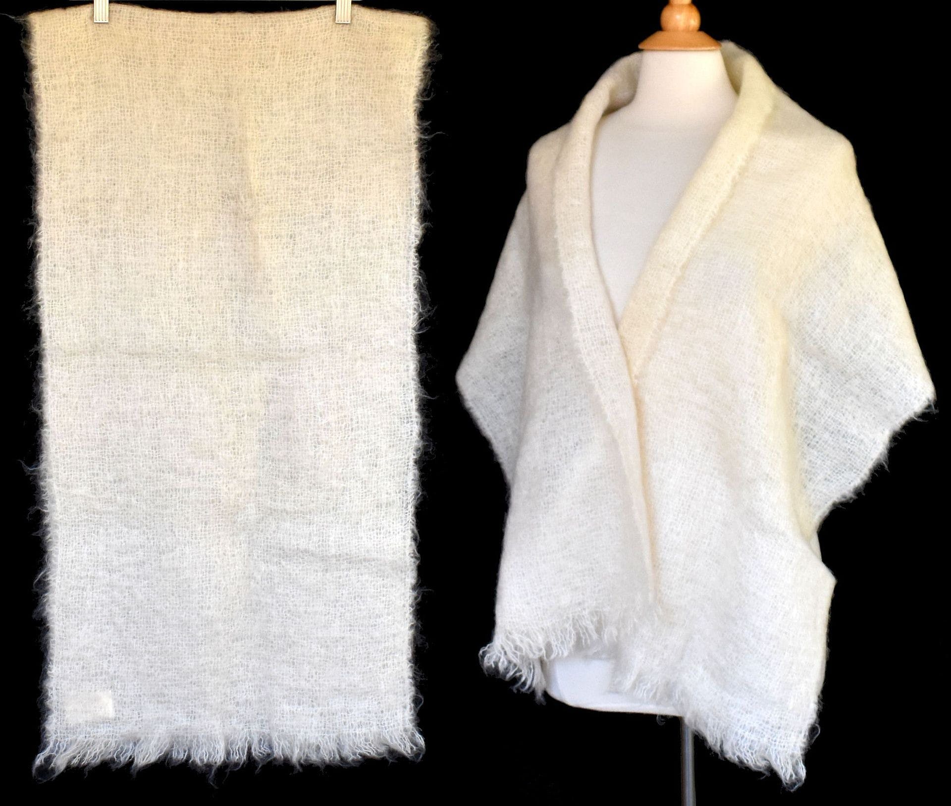 Vintage 70’s Off White Mohair Shawl, Furry Self Fringed Scarf, Made in ...