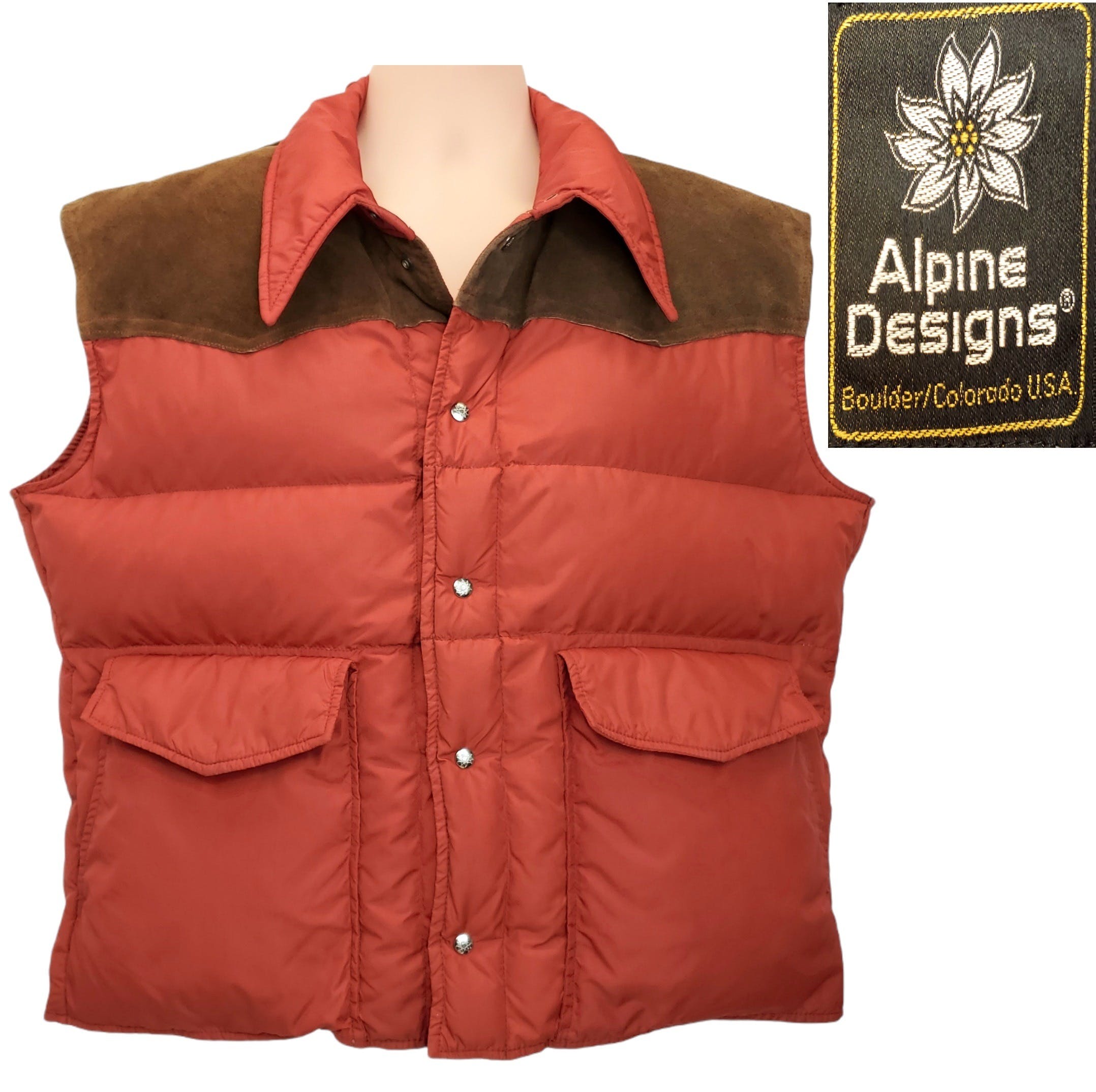 Vintage 70’s Orange Red Western Down Puffer Vest Suede Trim by Alpine ...