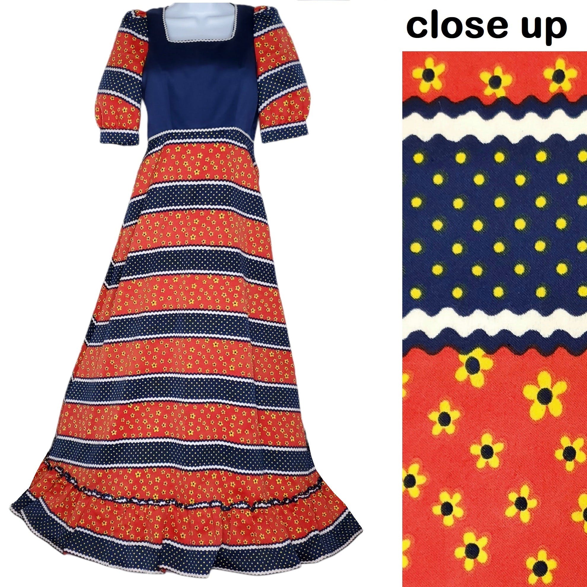 Vintage 70’s Red Blue Striped Calico Floral Maxi Dress | Shop THRILLING