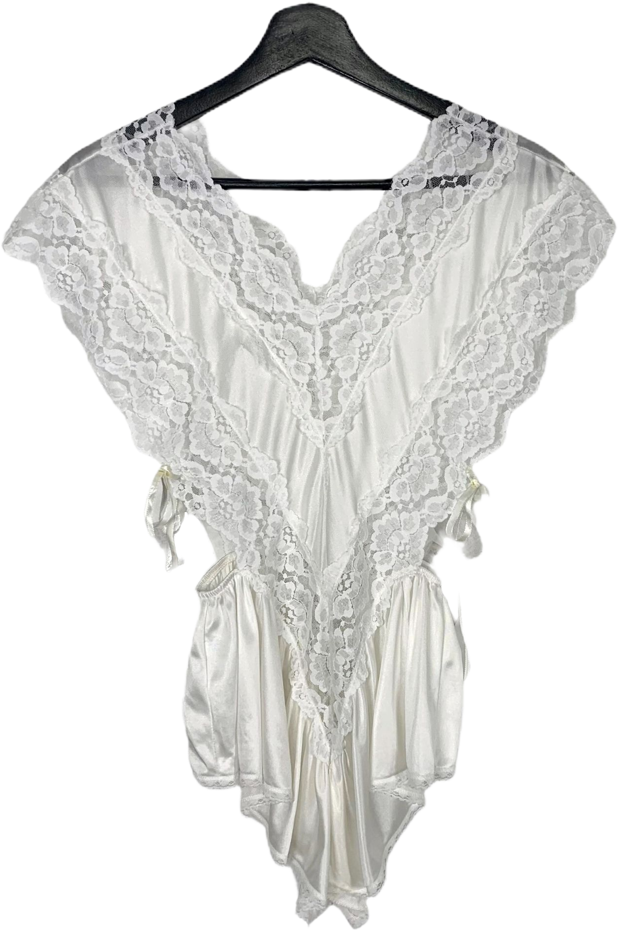 Vintage 90s White Satin Lace Open Side Nylon Negligee Romper by Sabrin ...