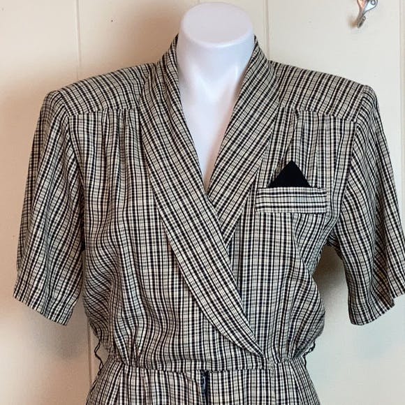 Vintage 80's/90's Black and Tan Checkered Plaid Romper by Dawn Joy | Shop THRILLING