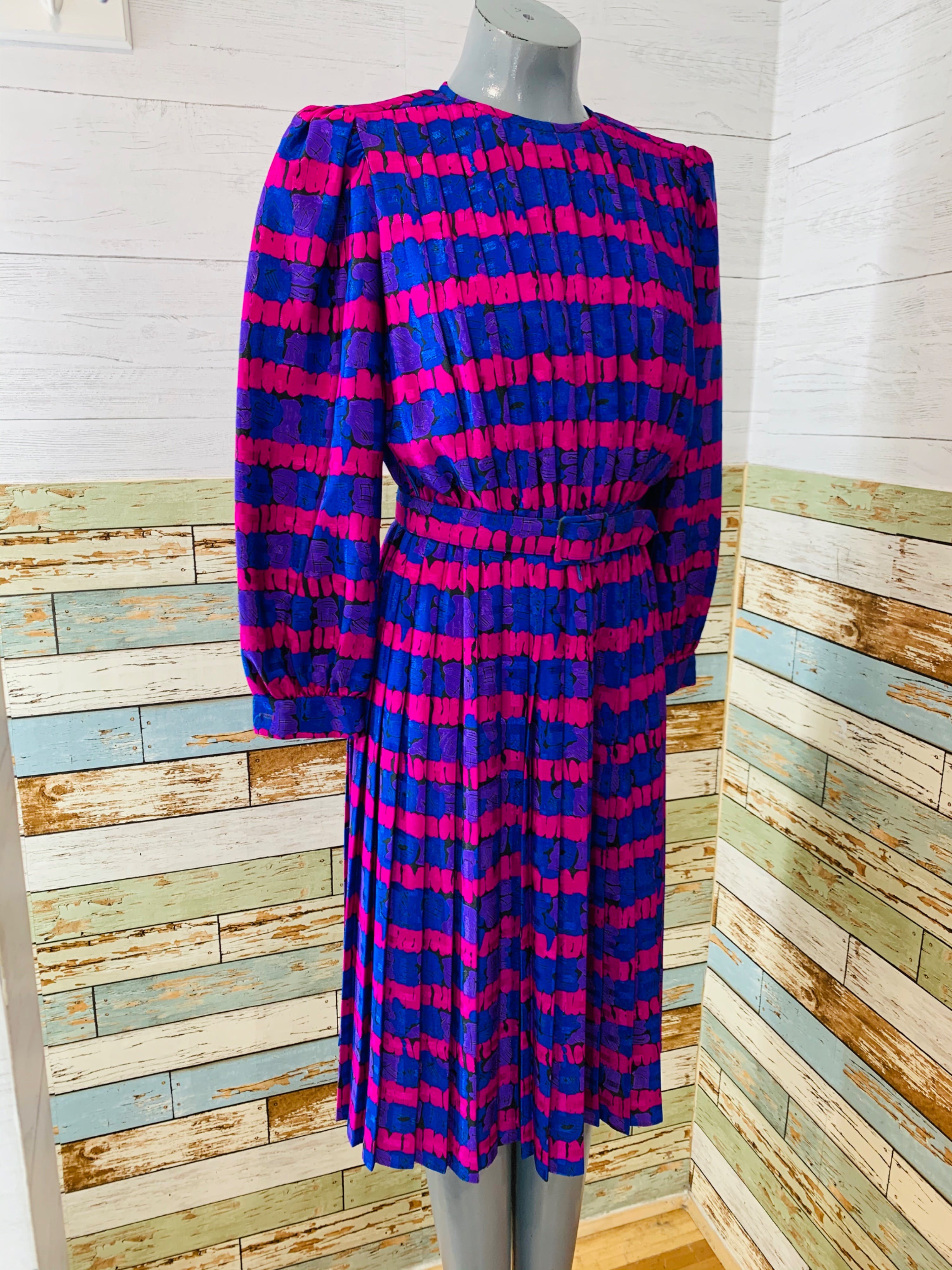 Vintage 80's Blue, Pink and Purple Striped Pleated Dress by Mavinette ...