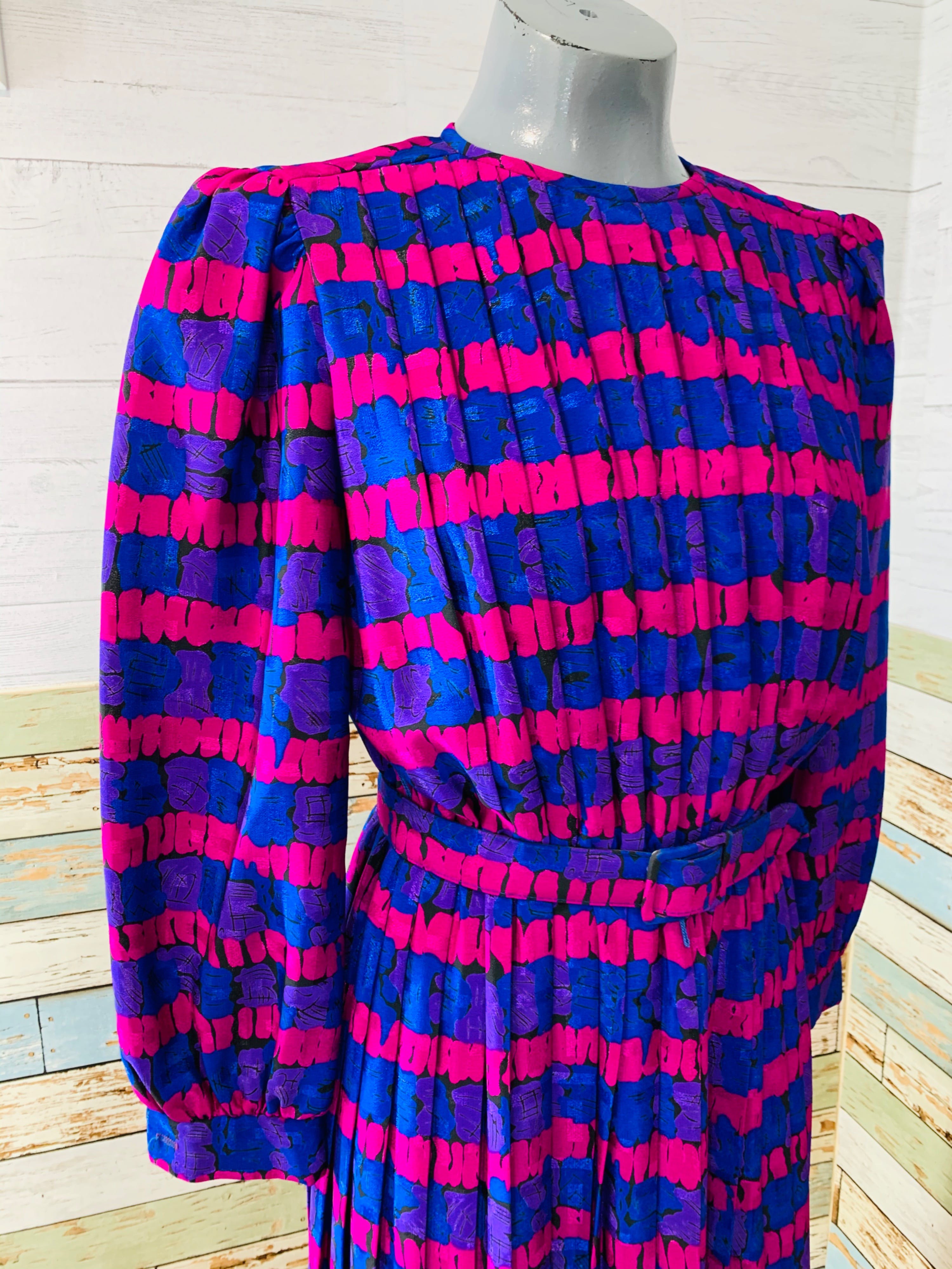 Vintage 80's Blue, Pink and Purple Striped Pleated Dress by Mavinette ...