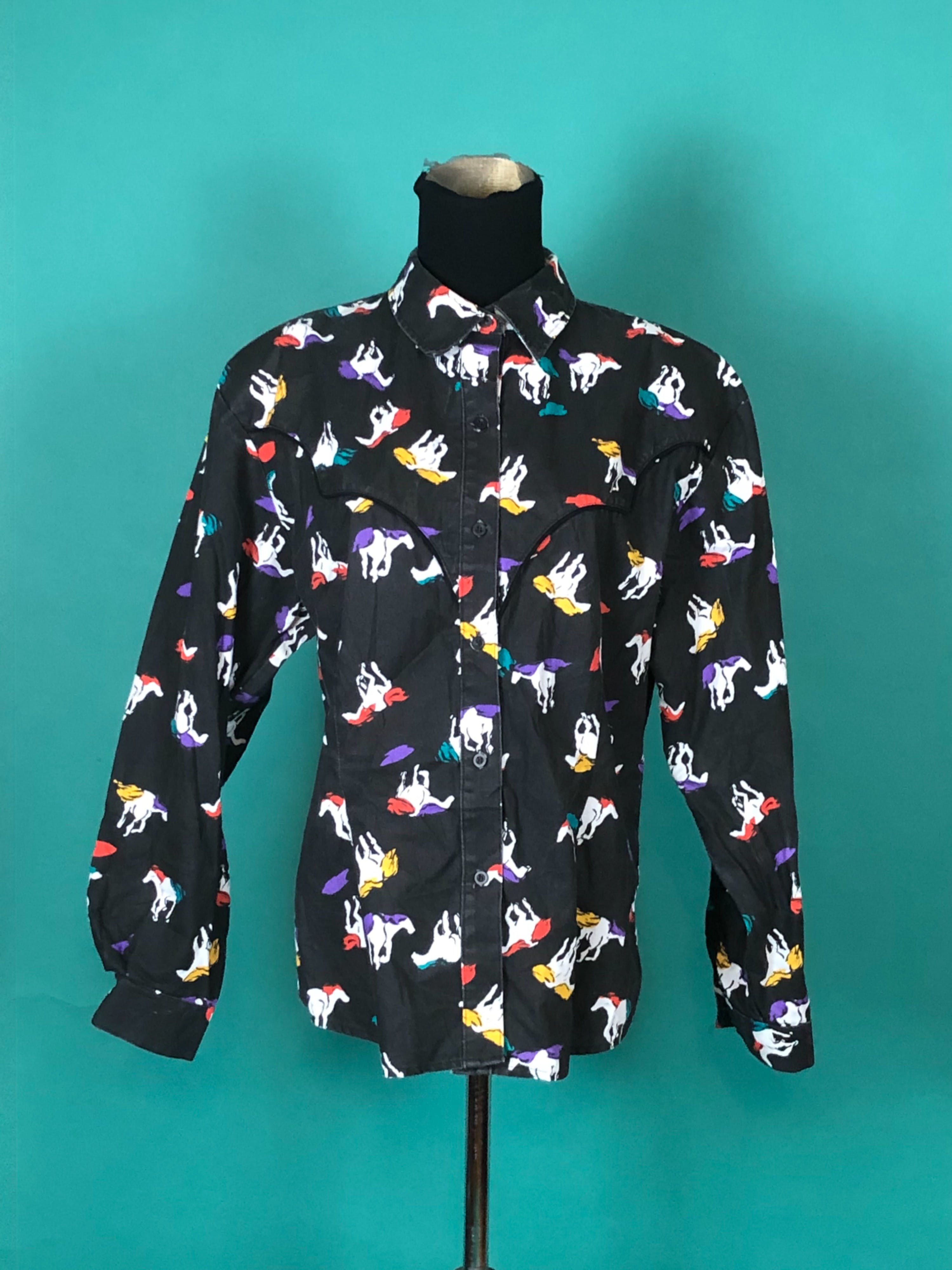 Vintage 80's Western Country Cowboy Bright Horse Print Button Up Long ...