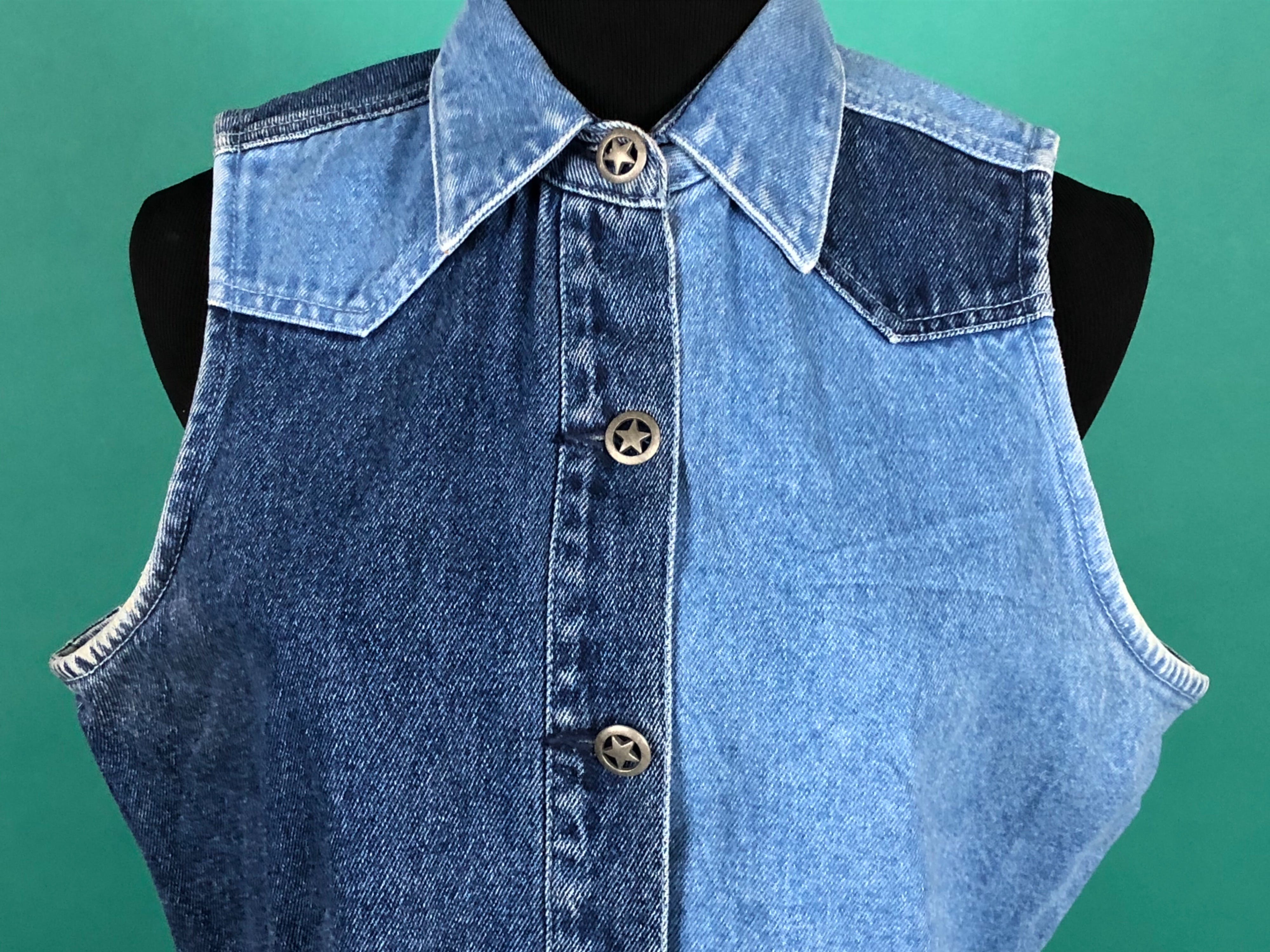 Vintage 80's Colorblock Light and Dark Denim Button Up Collared Vest by ...