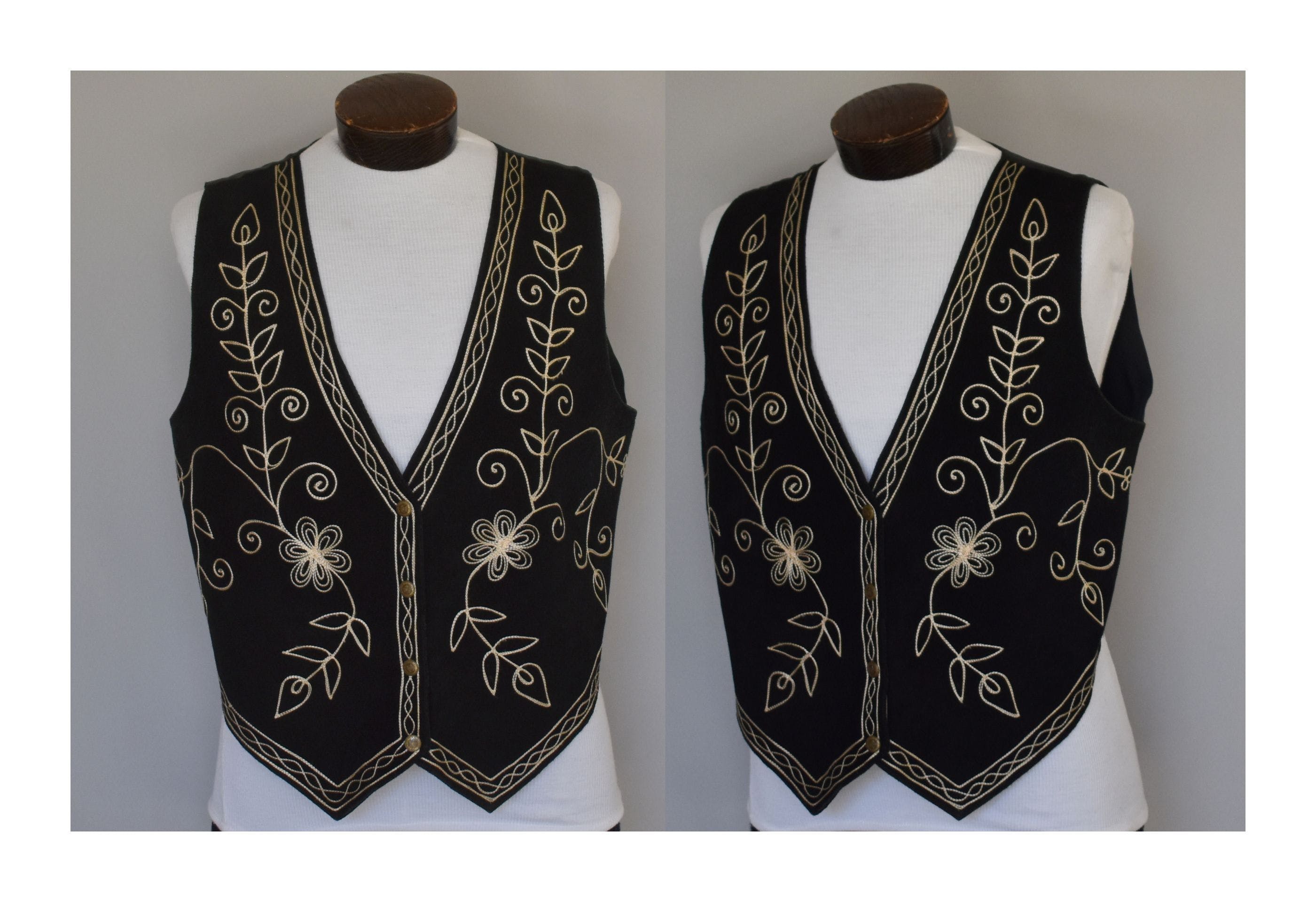 Vintage 90’s Embroidered Suede Leather Vest Snap Front Black with White ...