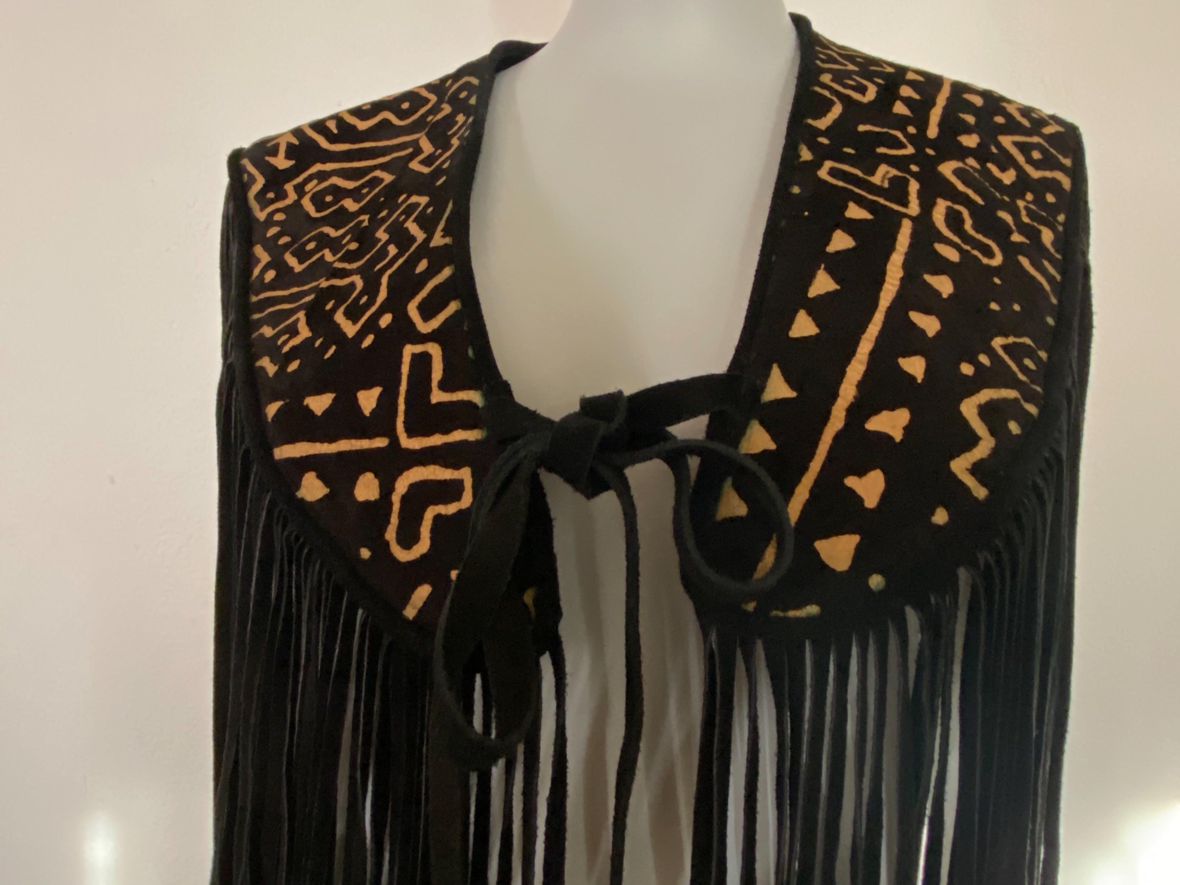 Vintage 90’s Leather Fringe Cape with Geometric Print | Shop THRILLING
