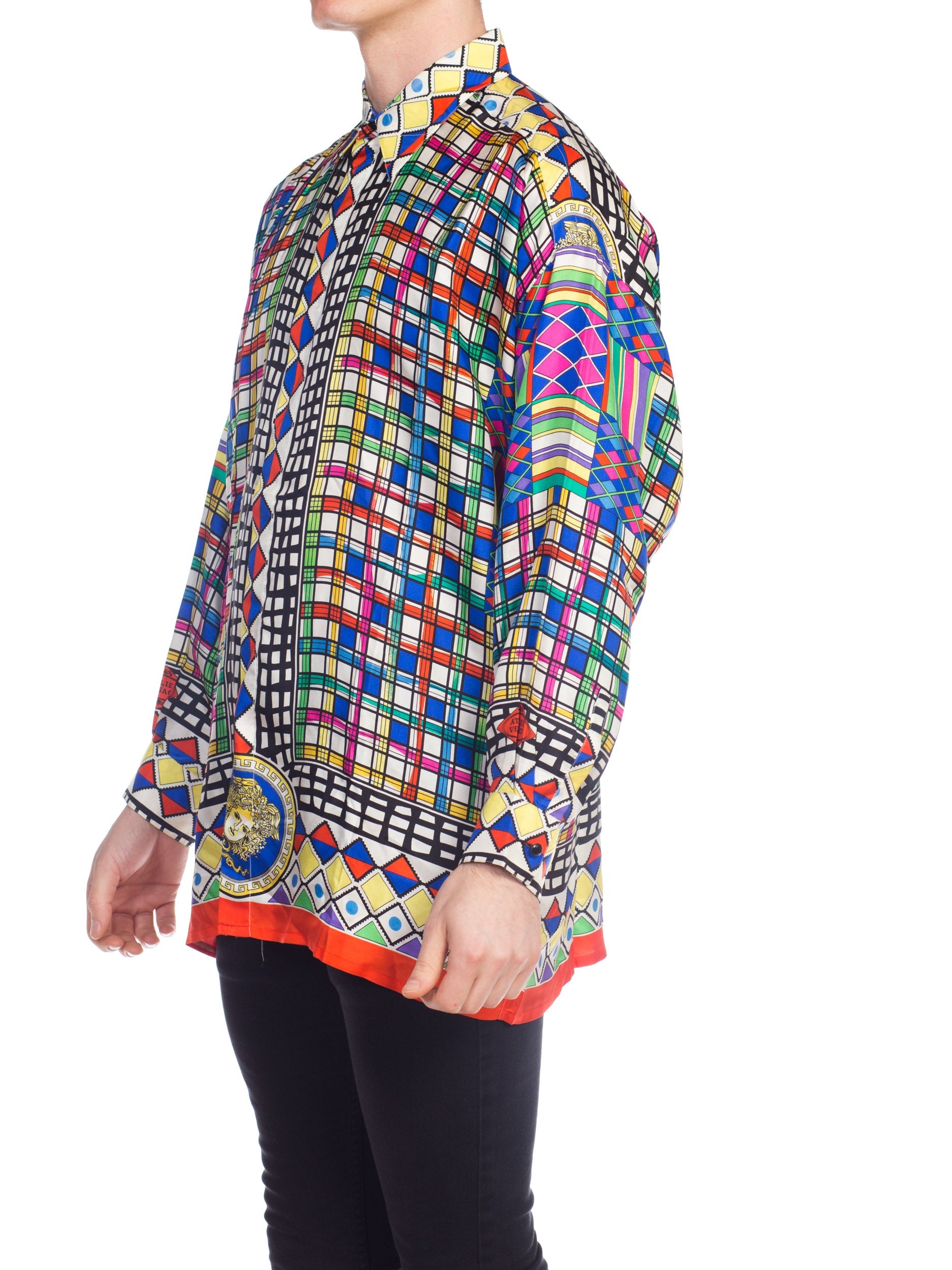 Vintage 90s Gianni Versace Multicolor Geometric Silk Men's Shirt by ...