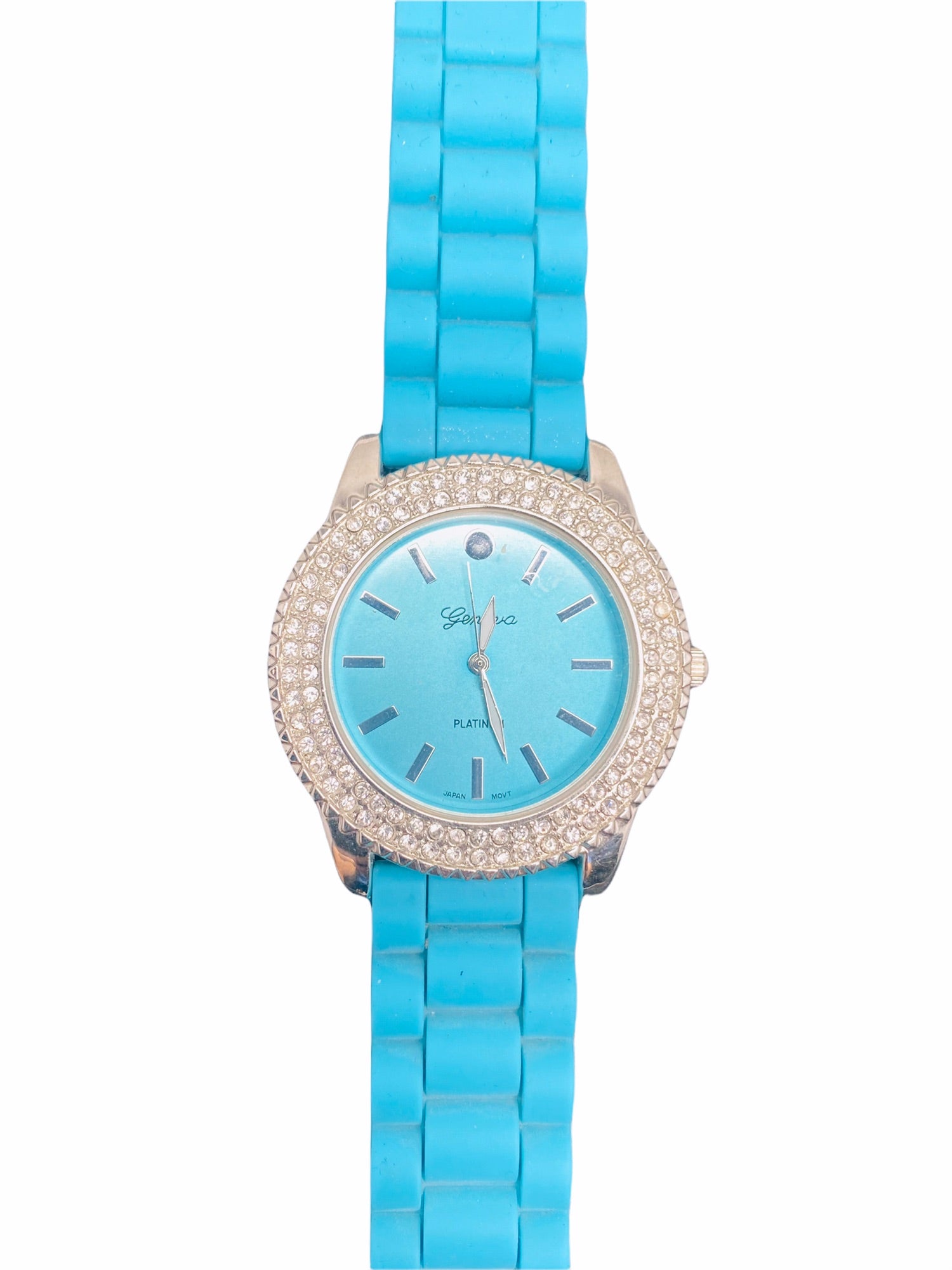 Vintage Geneva Platinum Ladies Watch Teal Rhinestone Bezel Silicone ...