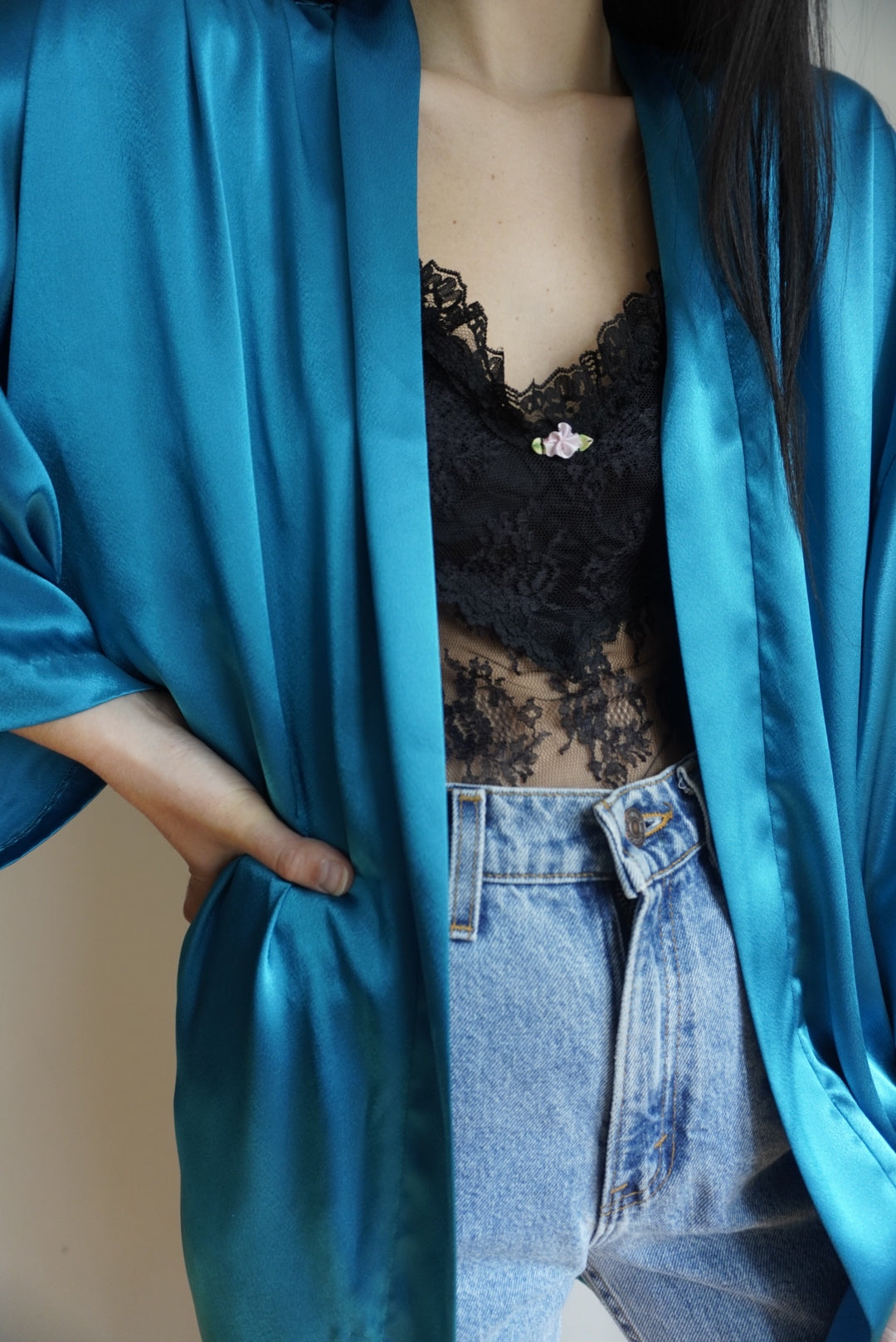Vintage Open Front Satiny Teal Blue Robe | Shop THRILLING