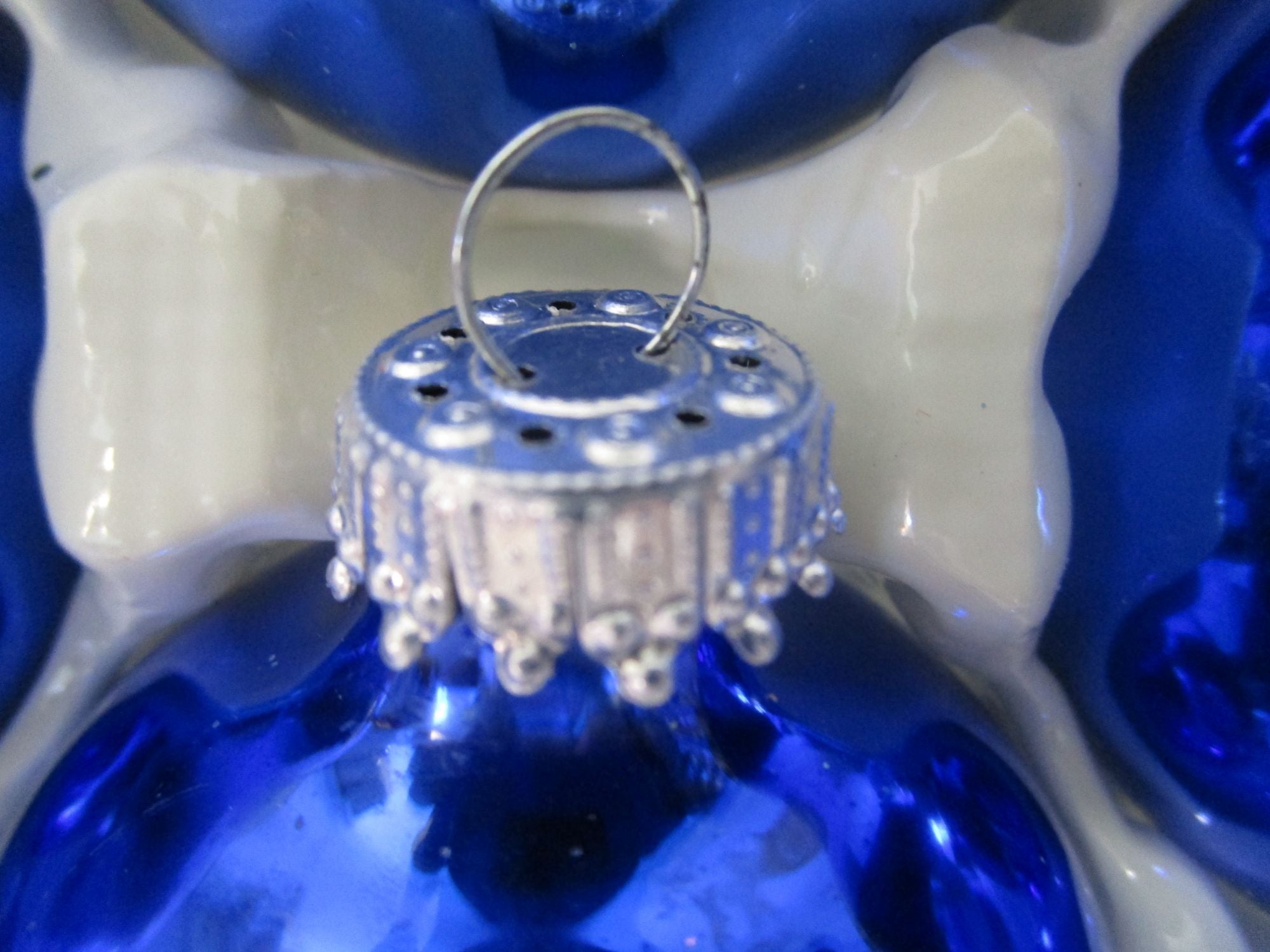 Vintage Christmas Royal Blue Shiny Glass Balls Silver Crowns Eight Guc ...