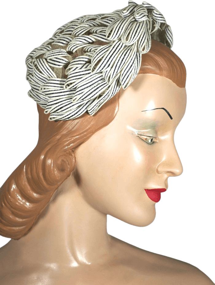 Vintage 50’s Navy and Off White Stripes Raffia Straw Hat by Marshall ...