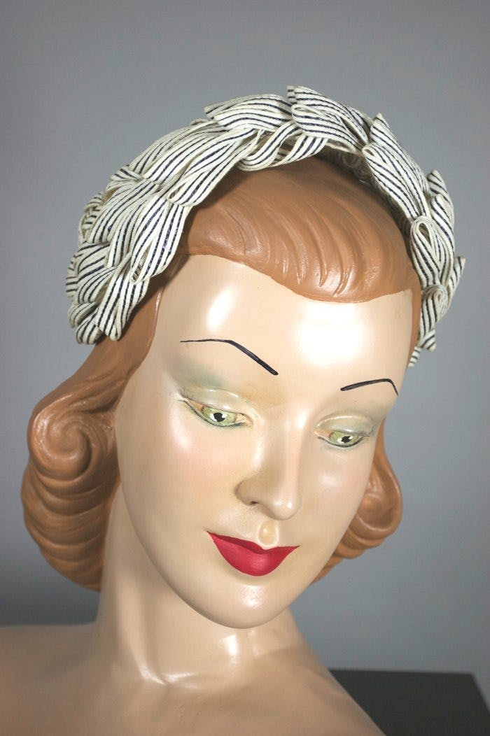 Vintage 50’s Navy and Off White Stripes Raffia Straw Hat by Marshall ...