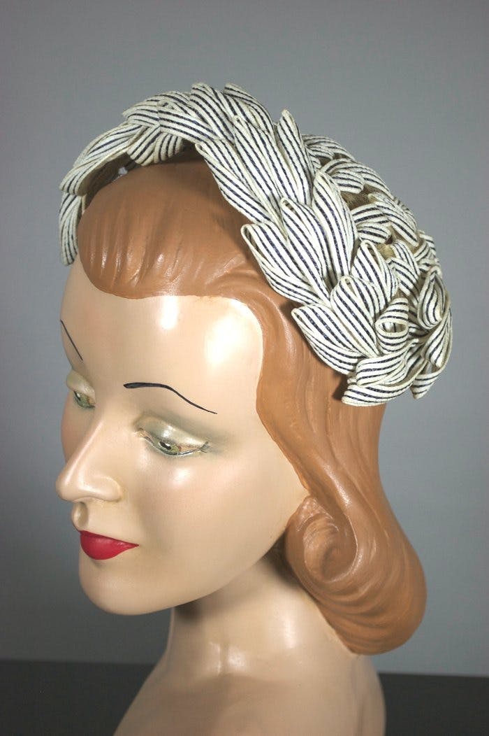 Vintage 50’s Navy and Off White Stripes Raffia Straw Hat by Marshall ...