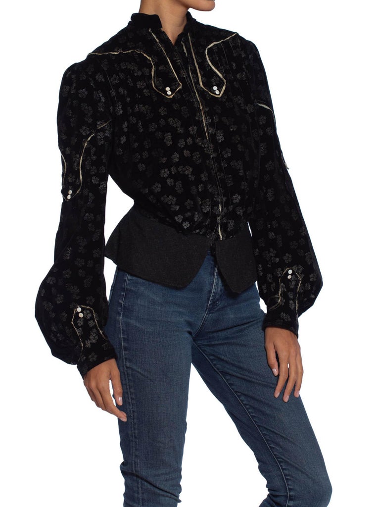 Vintage Edwardian Black Printed Silk Blend Velvet Jacket Top with ...