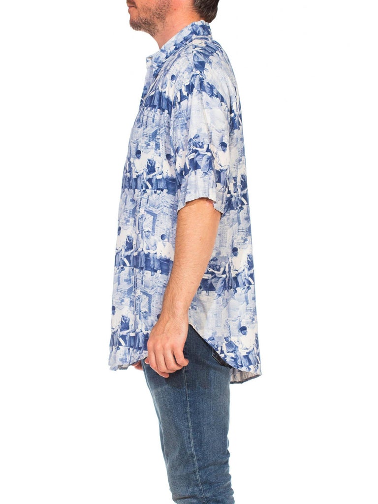 Vintage 80s Blue Rayon Iconic Ny Construction Workers Printed Men's ...