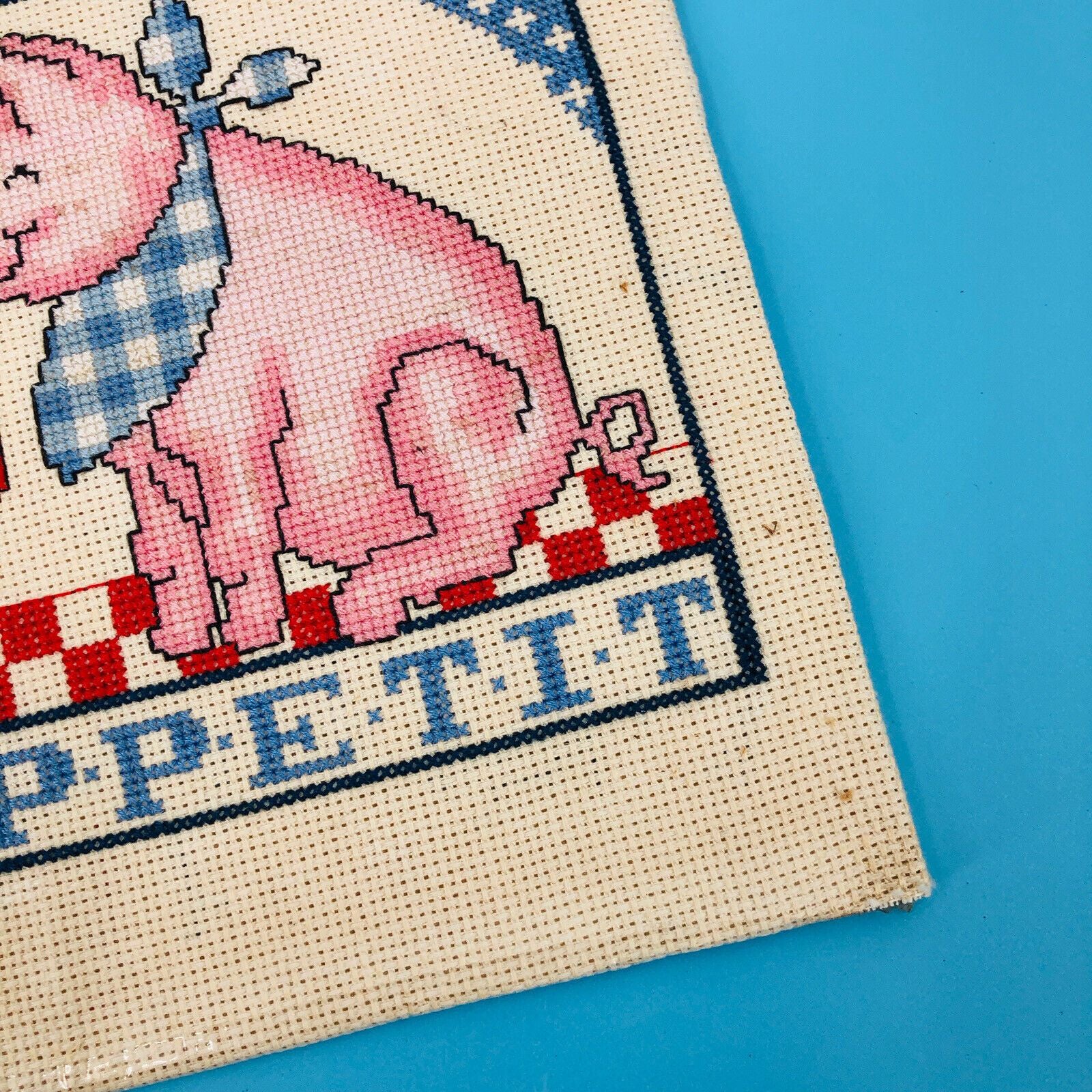 Finished Vintage Cross Stitch Farmyard Goose Pig Bon Appetit Kitchen K ...
