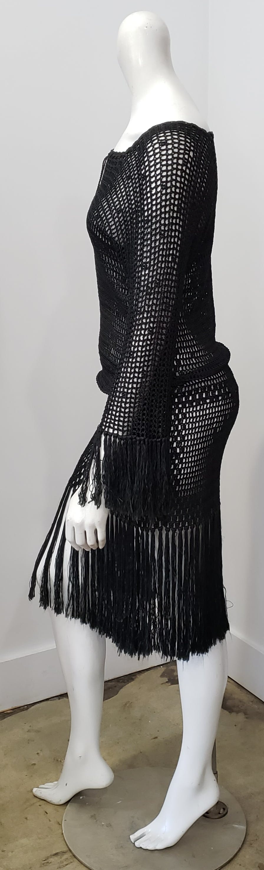 Vintage Black Fishnet Macrame Crochet Fringe Sheer Dress by None | Shop ...