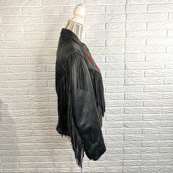 Vintage Black Leather Fringed Jacket with Red Rose Details | Shop THRILLING