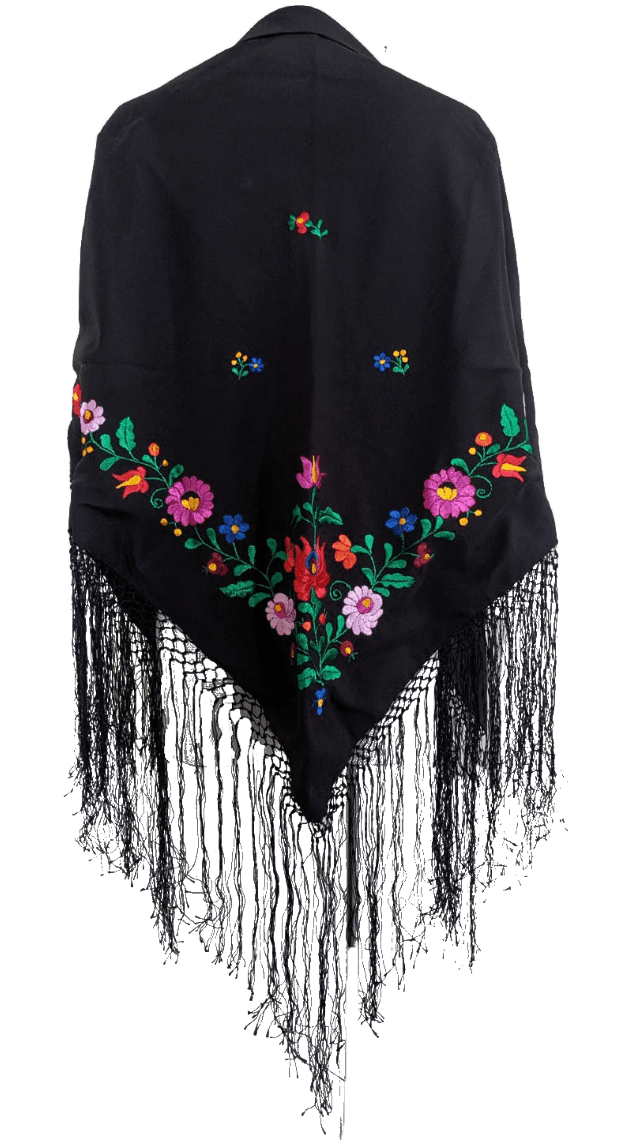 Vintage Black Shawl with Colorful Floral Embroidery and Long Fringe ...