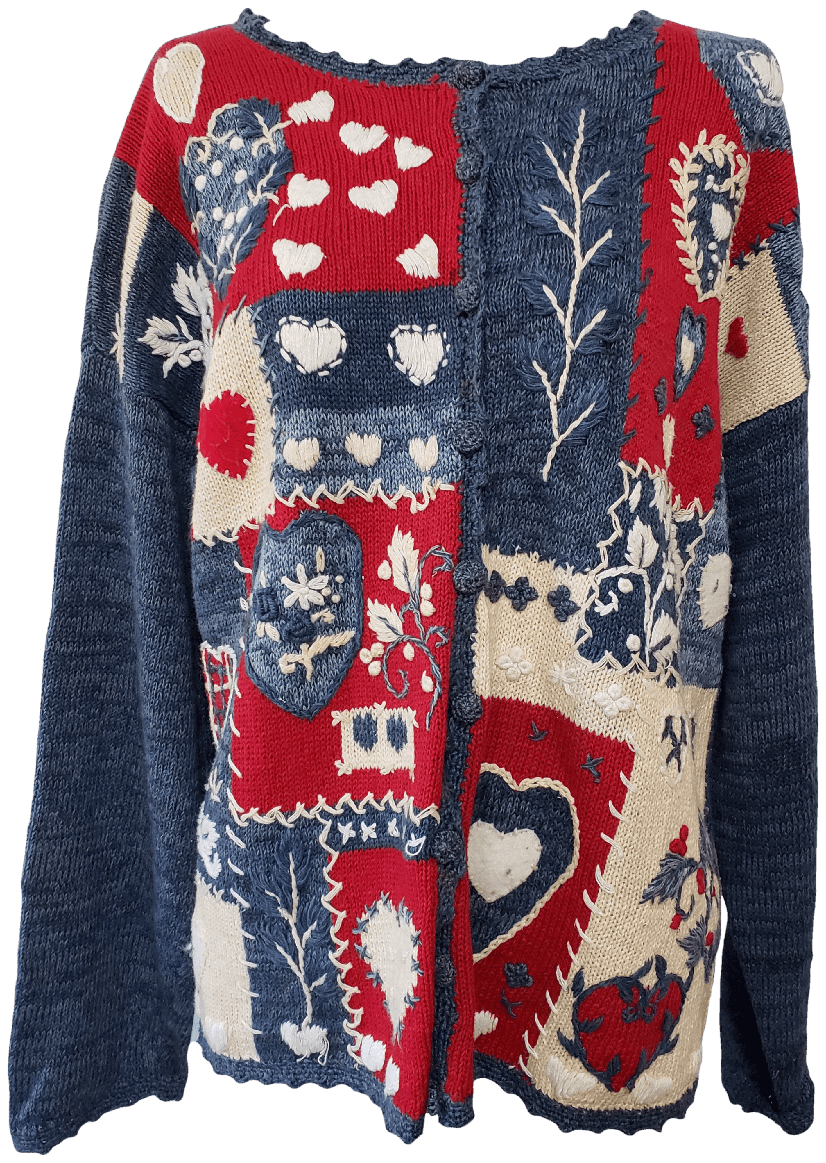Vintage Blue Knit Cardigan with Red and White Heart and Floral ...