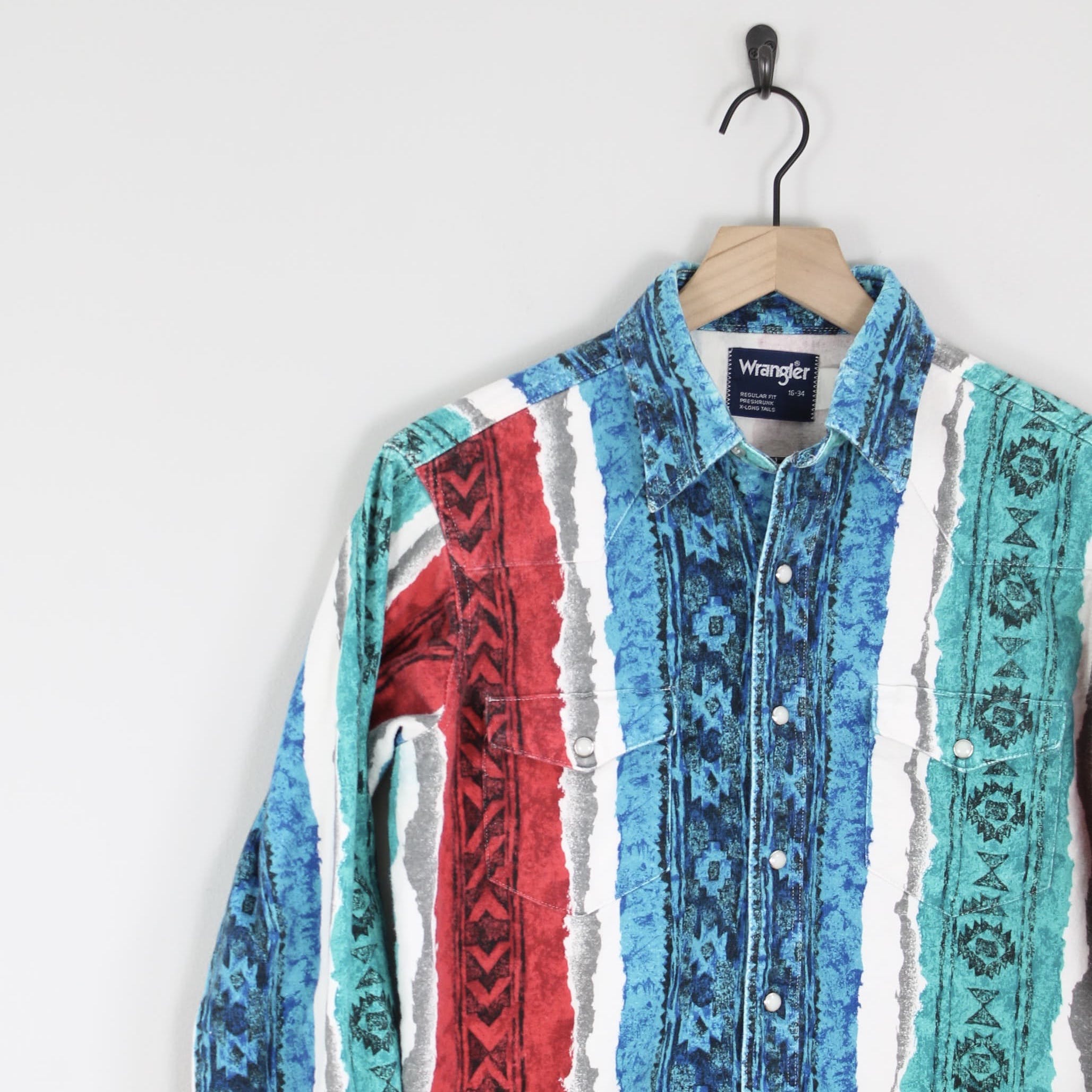 Vintage Blue Red Southwestern Snap Button Up by Wrangler | Shop THRILLING