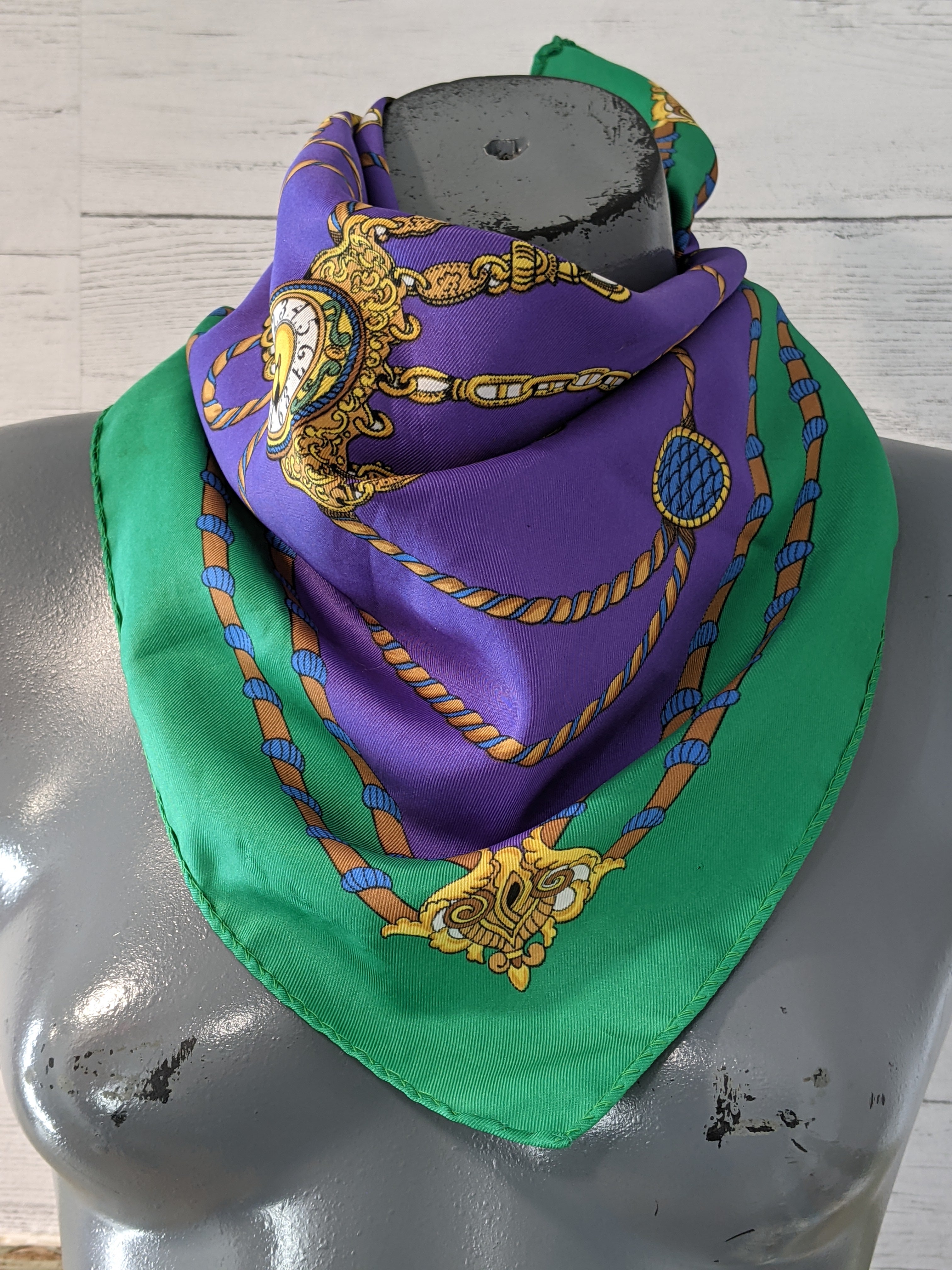 Vintage 90s Green Purple, And Gold Baroque Clock Detail Scarf By Gil De ...