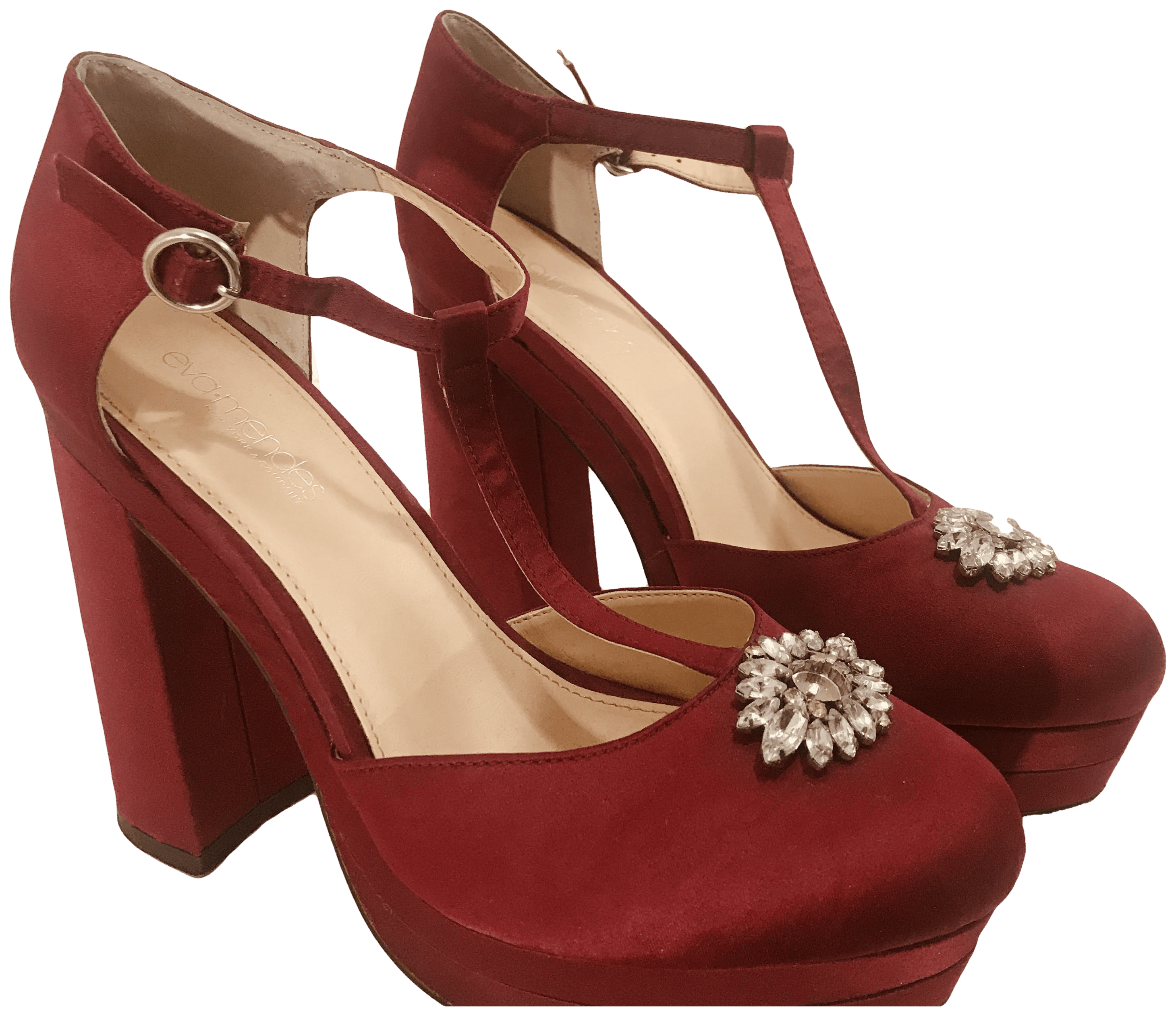 Vintage Dark Red Satin Jeweled Ankle Strapped Heels by Mendes Of New ...