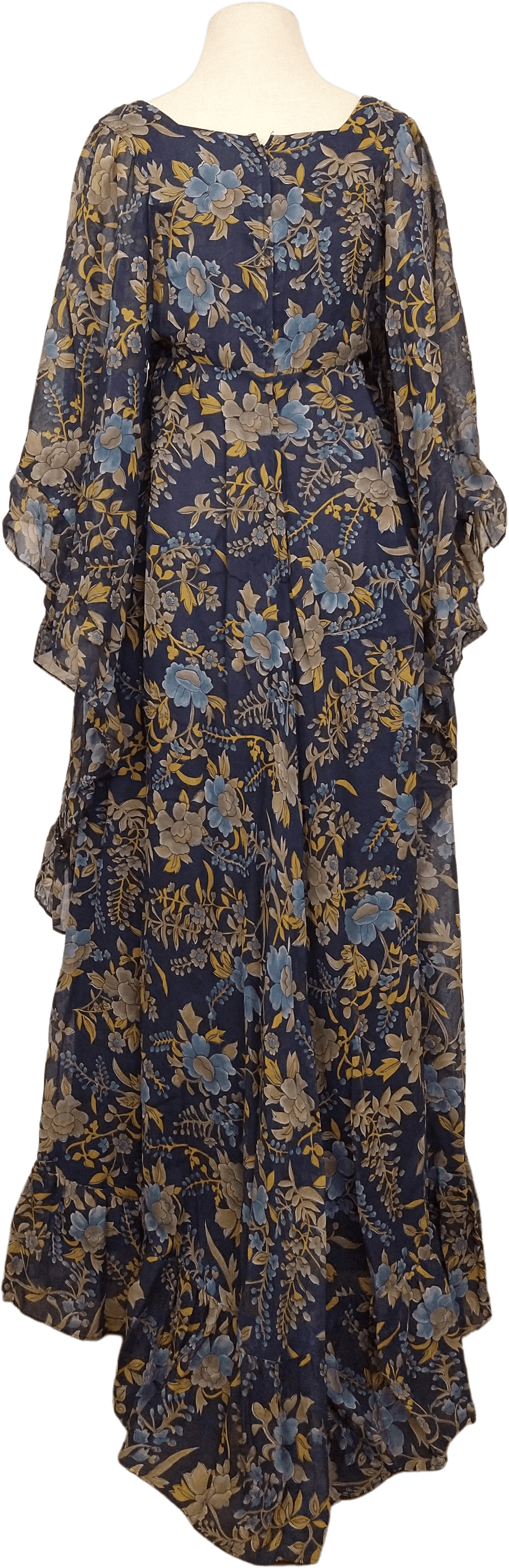 Vintage 70’s Navy Floral Extreme Ruffle Bell Sleeve Maxi Gown by Patty ...