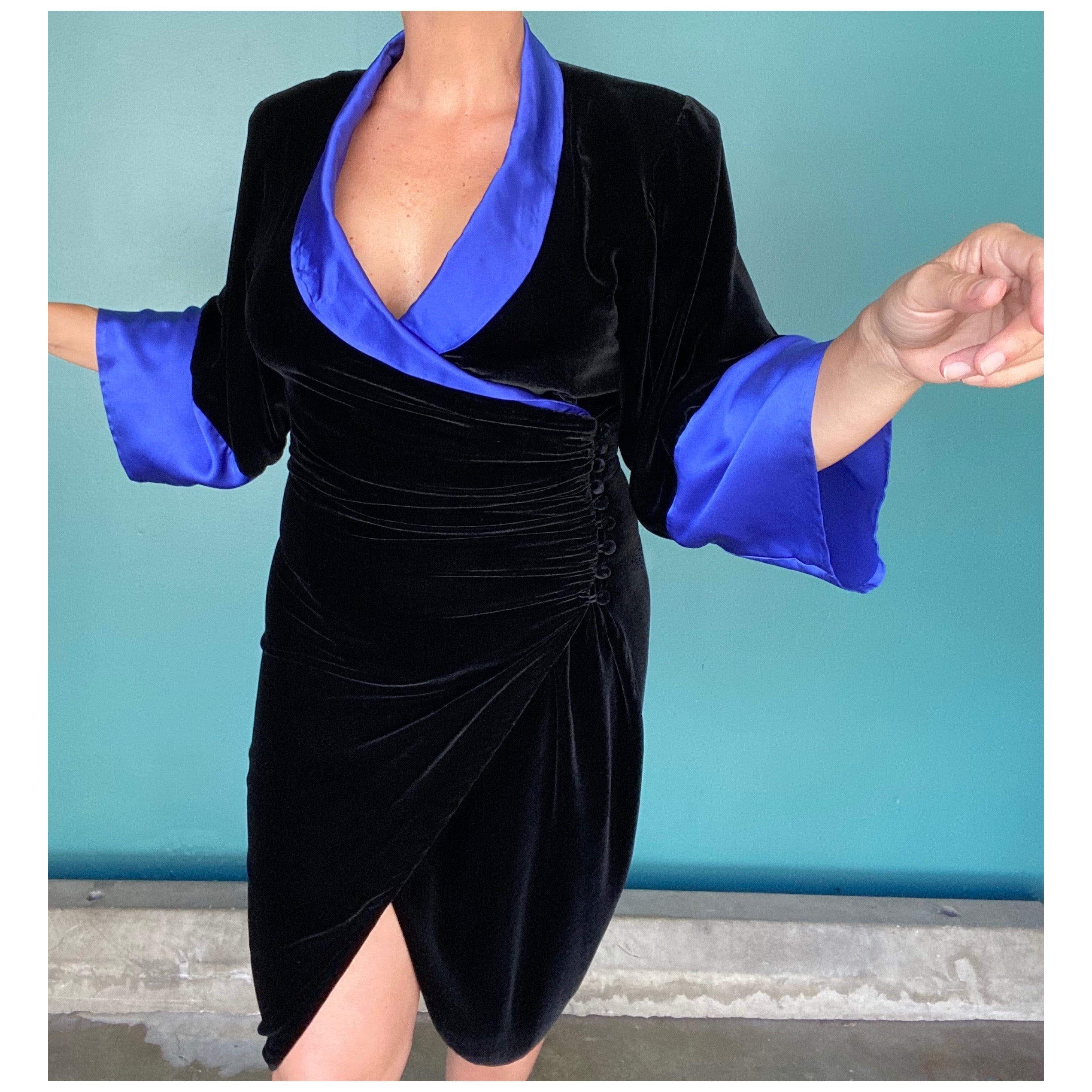 Vintage Flora Kung Black Velvet Kimono Wrap Dress by Flora Kung | Shop ...