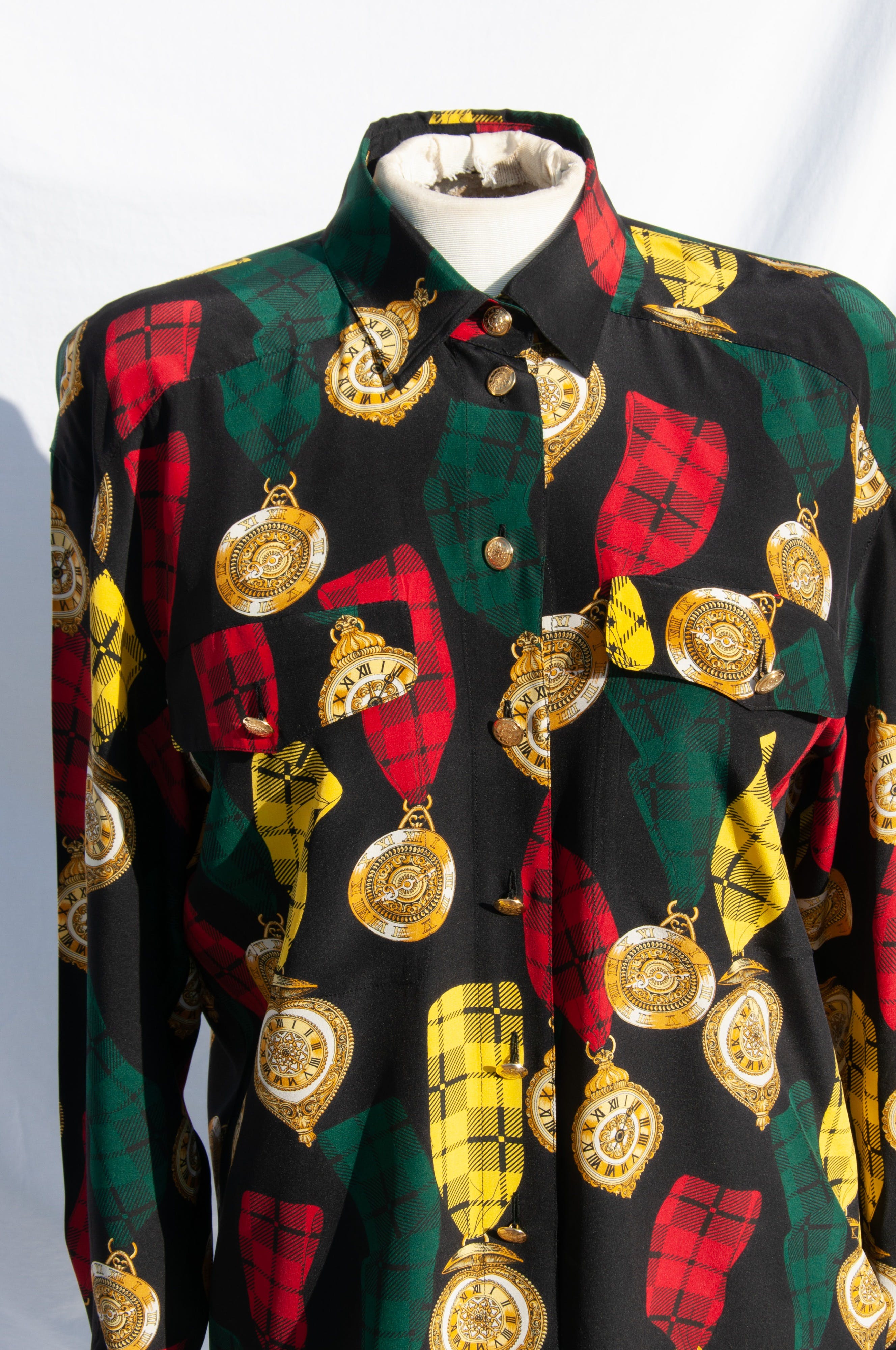 Vintage 80's Black and Multicolor Plaid Clocks Printed Silk Shirt by ...