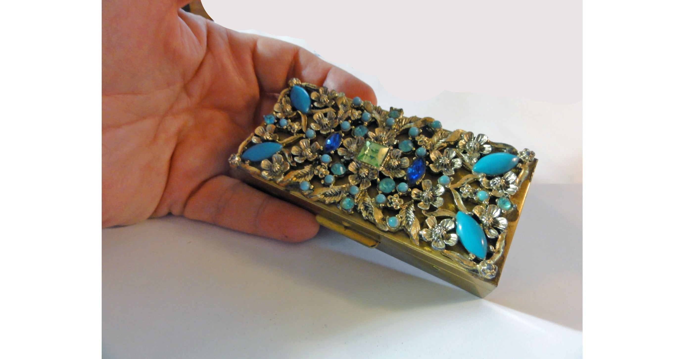 Vintage 50s Pill Box Brass Metal Jeweled Flower Deco Rectangle | Shop ...