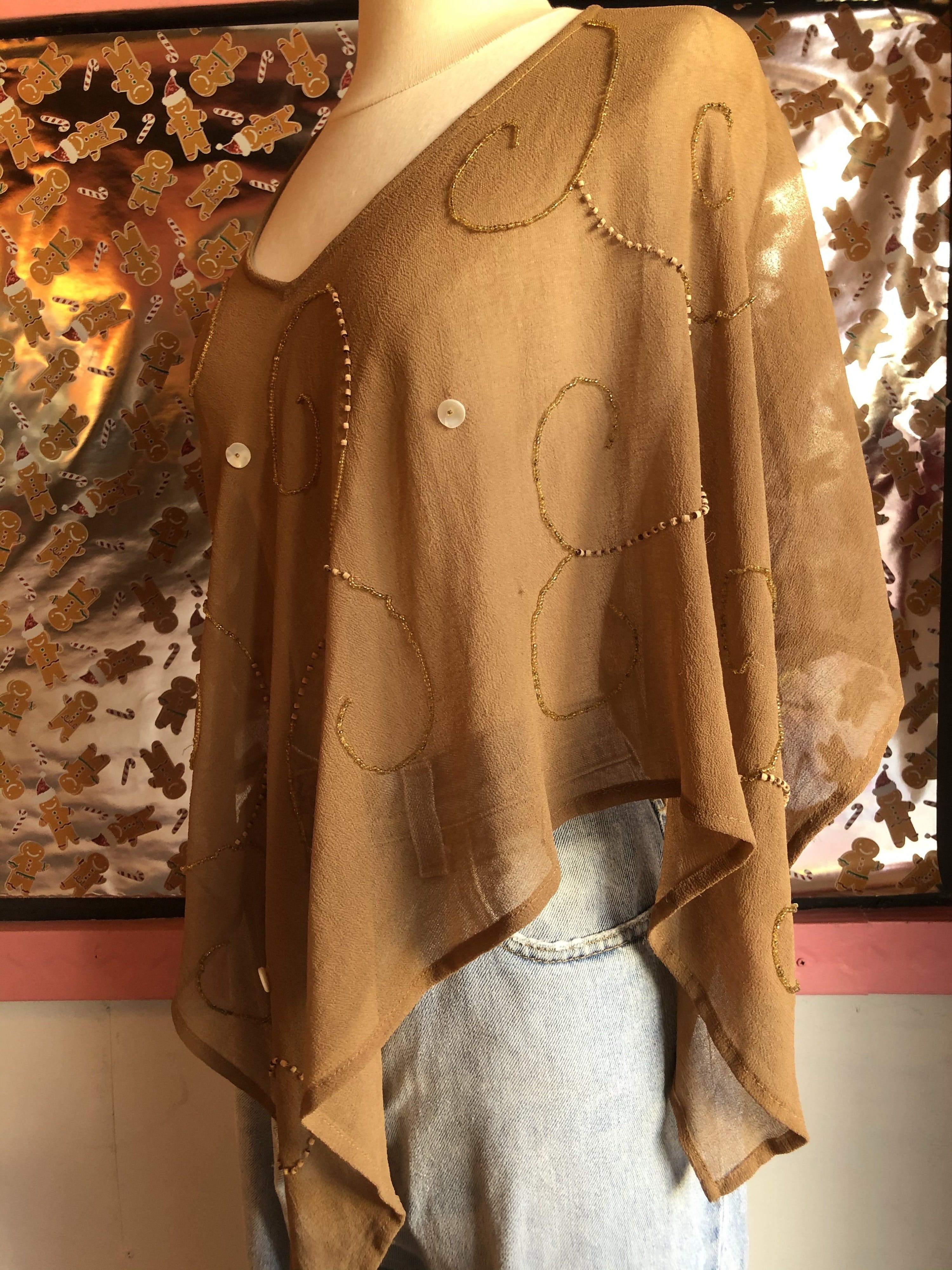 Vintage 70's Sheer Beaded Ginger Colored Shawl | Shop THRILLING