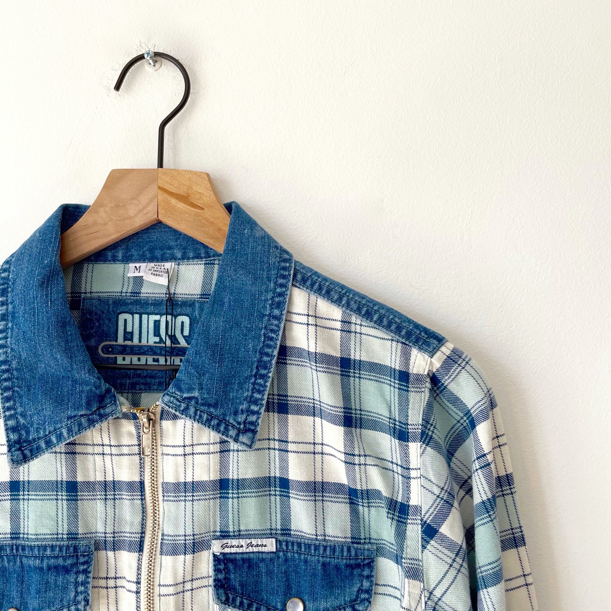 Vintage 90's Plaid and Denim Trim Long Sleeve Zip Crop Shirt by Guess ...